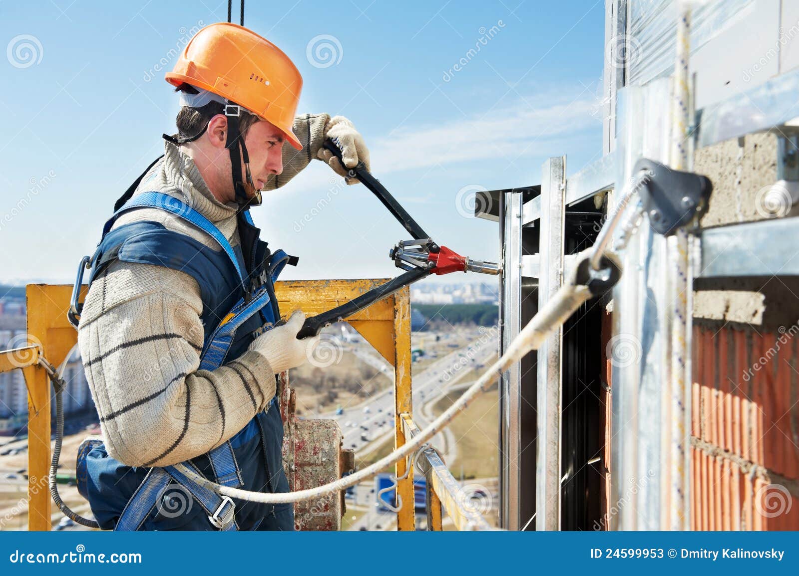 Worker Builders at Facade Tile Installation Stock Image - Image of ...