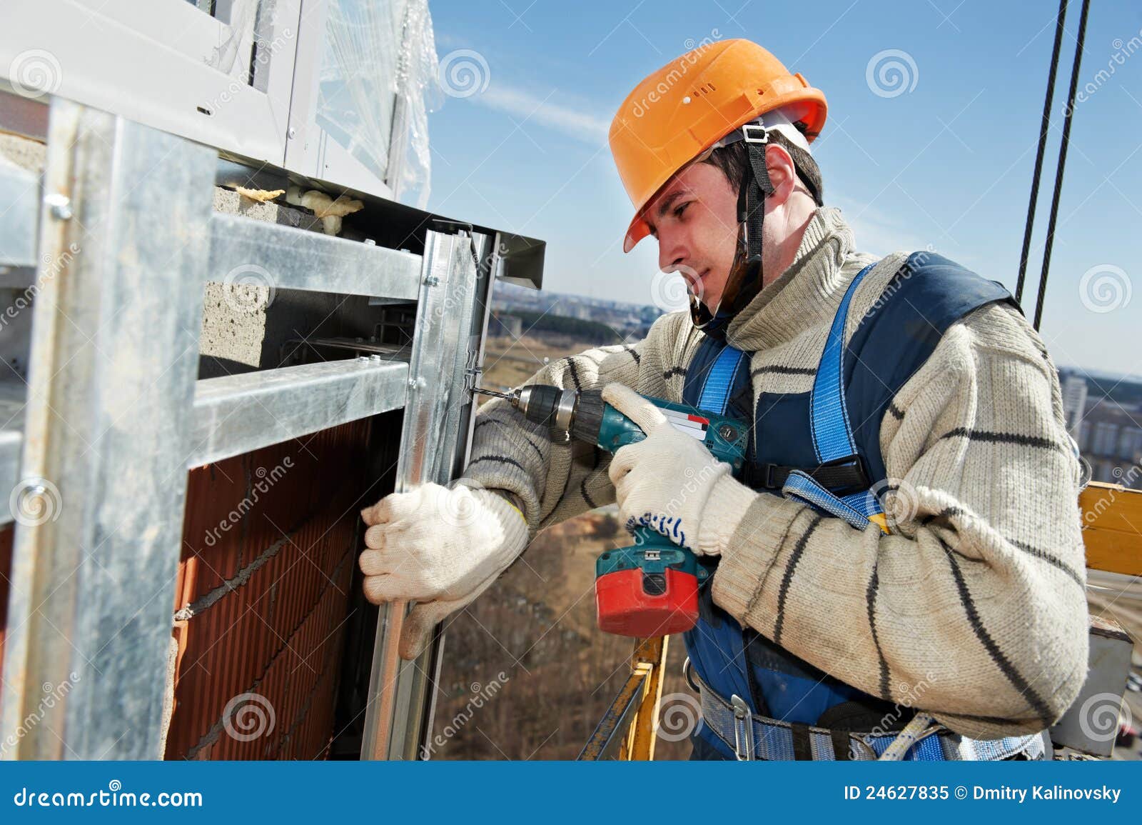Worker Builders at Facade Tile Installation Stock Image - Image of ...