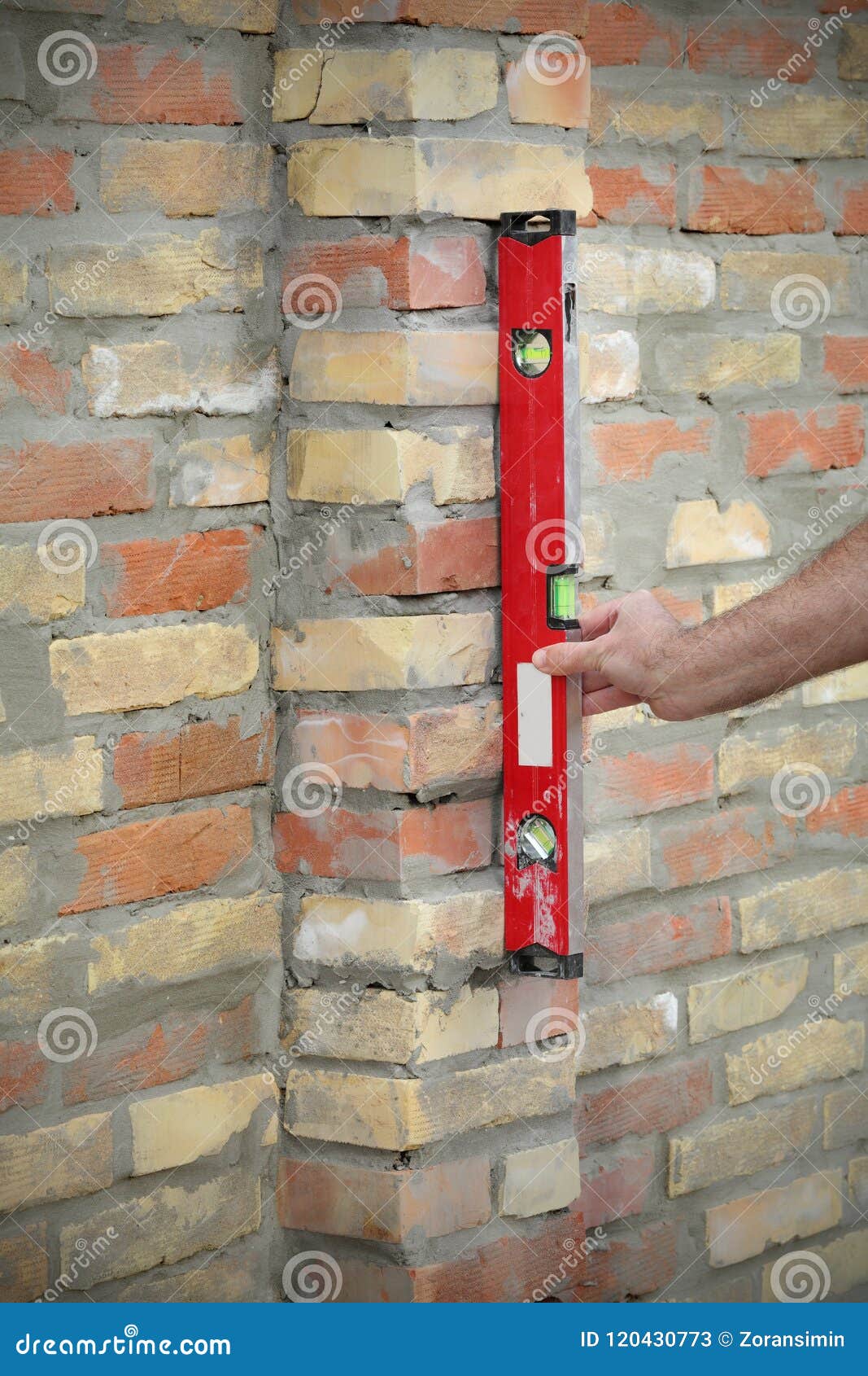 Worker Building Brick Wall Using Level Tool Stock Image - Image of ...