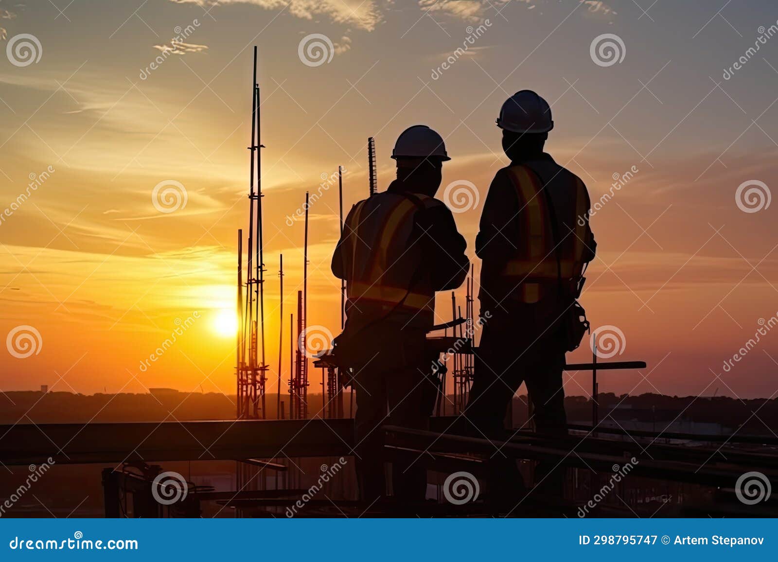 Worker On Building Site Silhouettes, Construction Site At Sunset ...