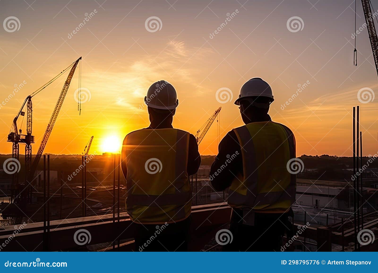 Worker on Building Site Silhouettes, Construction Site at Sunset ...