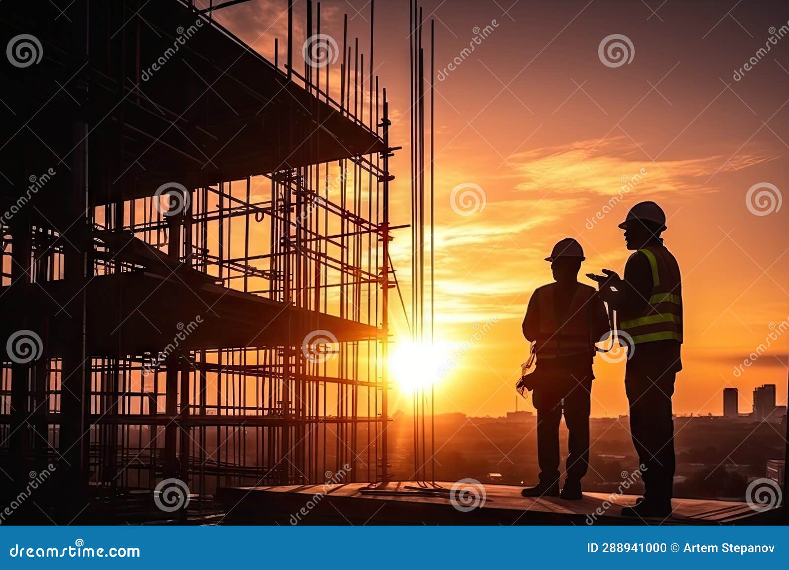 Worker On Building Site Silhouettes, Construction Site At Sunset ...