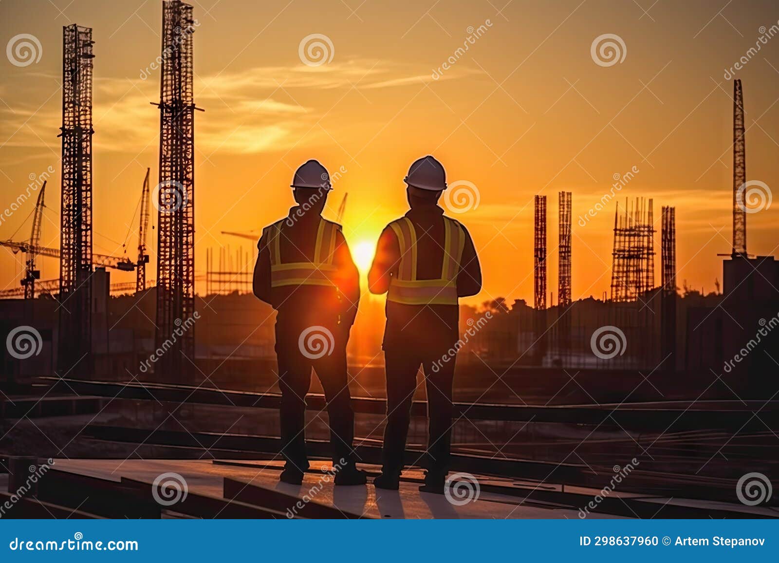 Two Silhouettes Of Construction Workers On A Steel Beam Stock ...