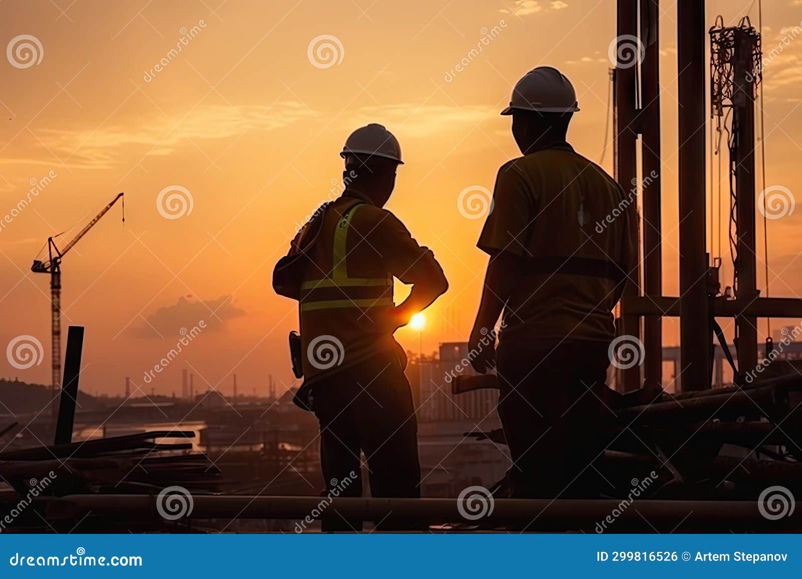 Worker On Building Site Silhouettes, Construction Site At Sunset ...