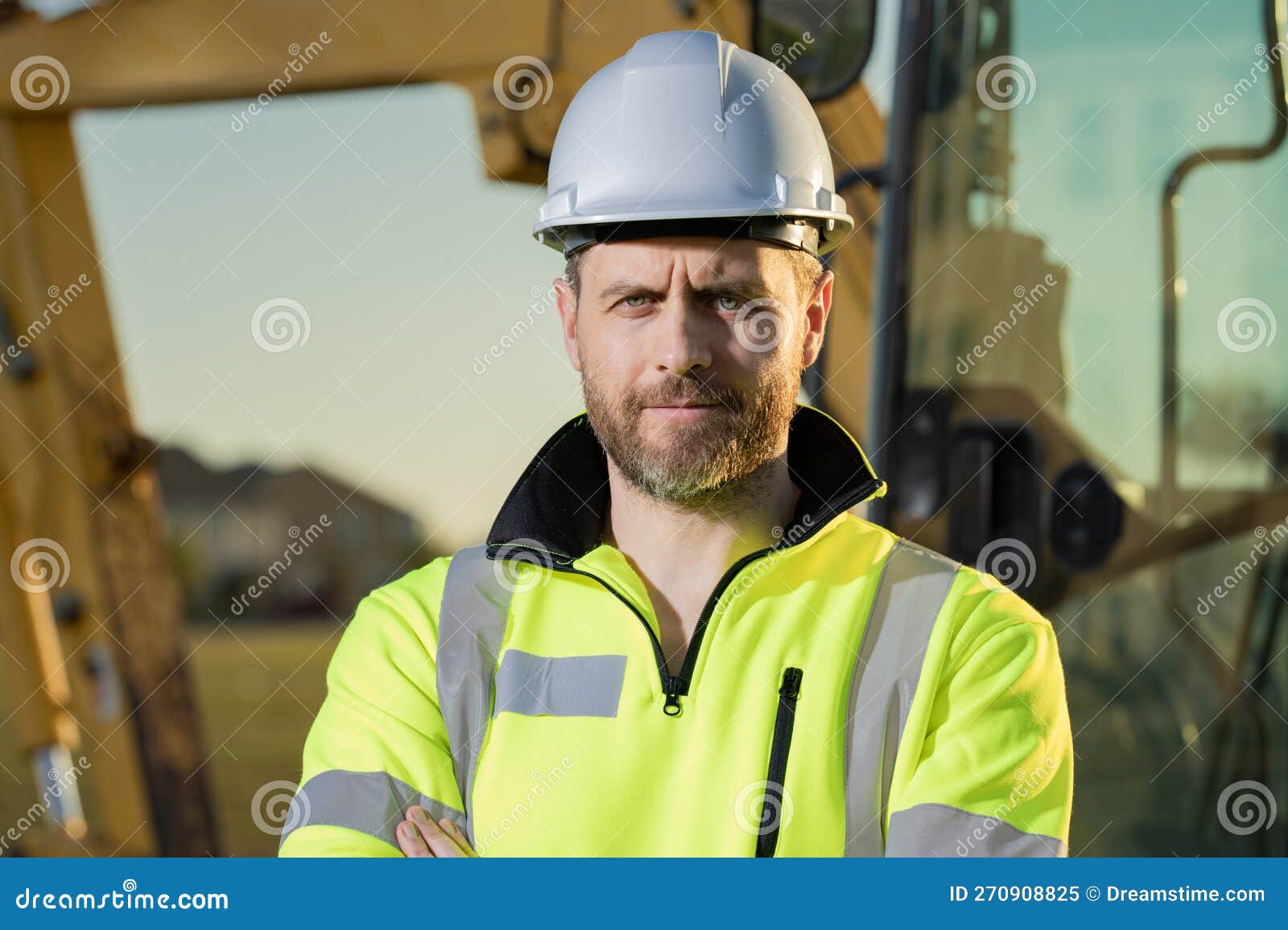 Worker with Bulldozer on Site Construction. Man Excavator Worker Stock ...