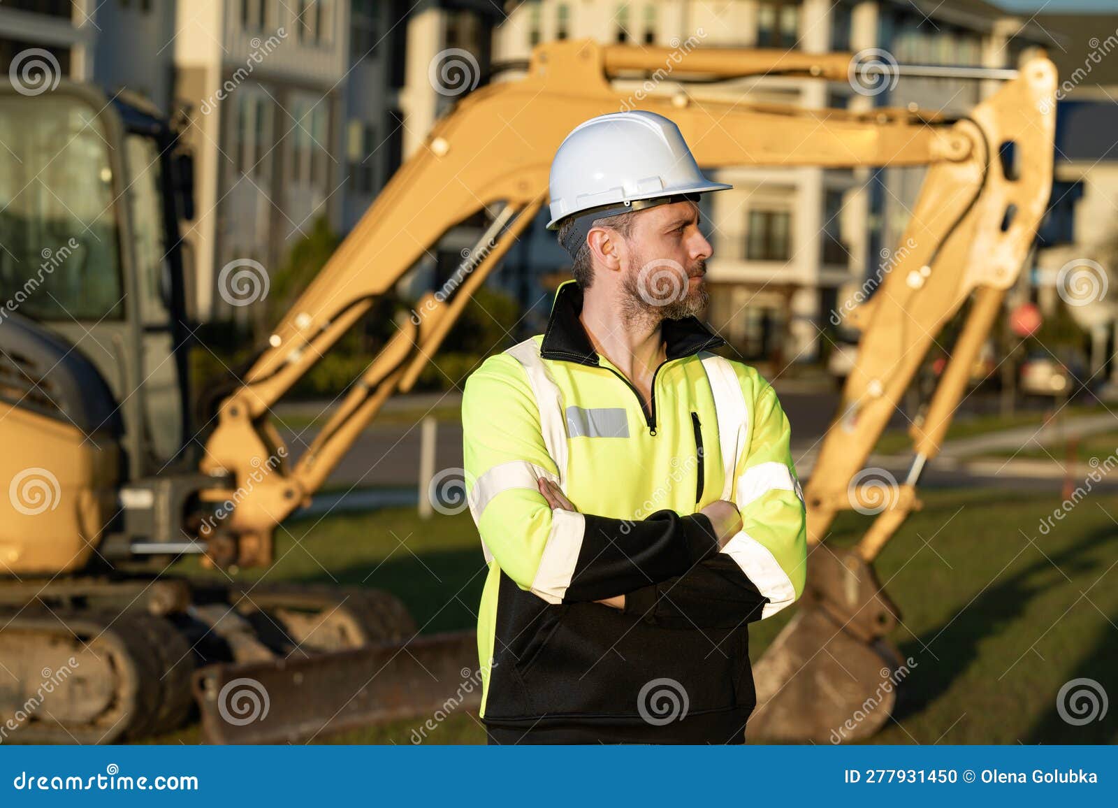 Worker with Bulldozer on Site Construction. Man Excavator Worker Stock ...