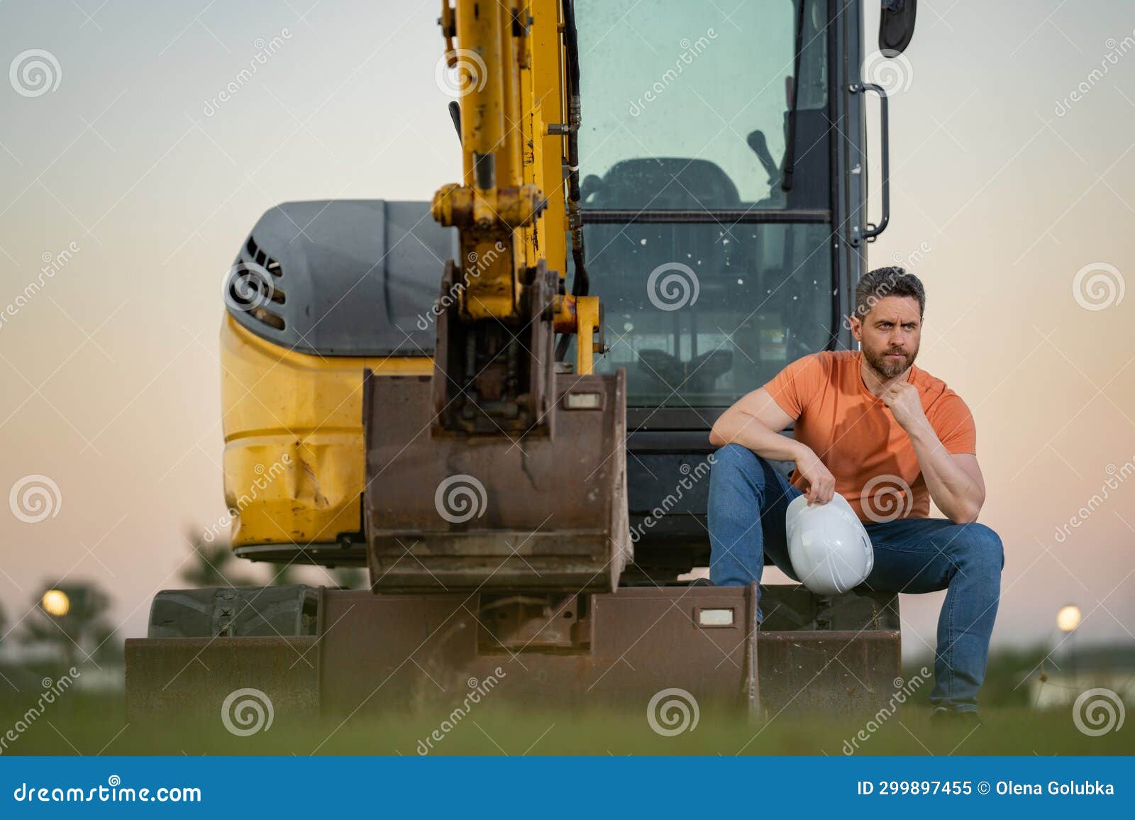 Worker with Bulldozer on Site Construction. Man Excavator Worker Stock ...