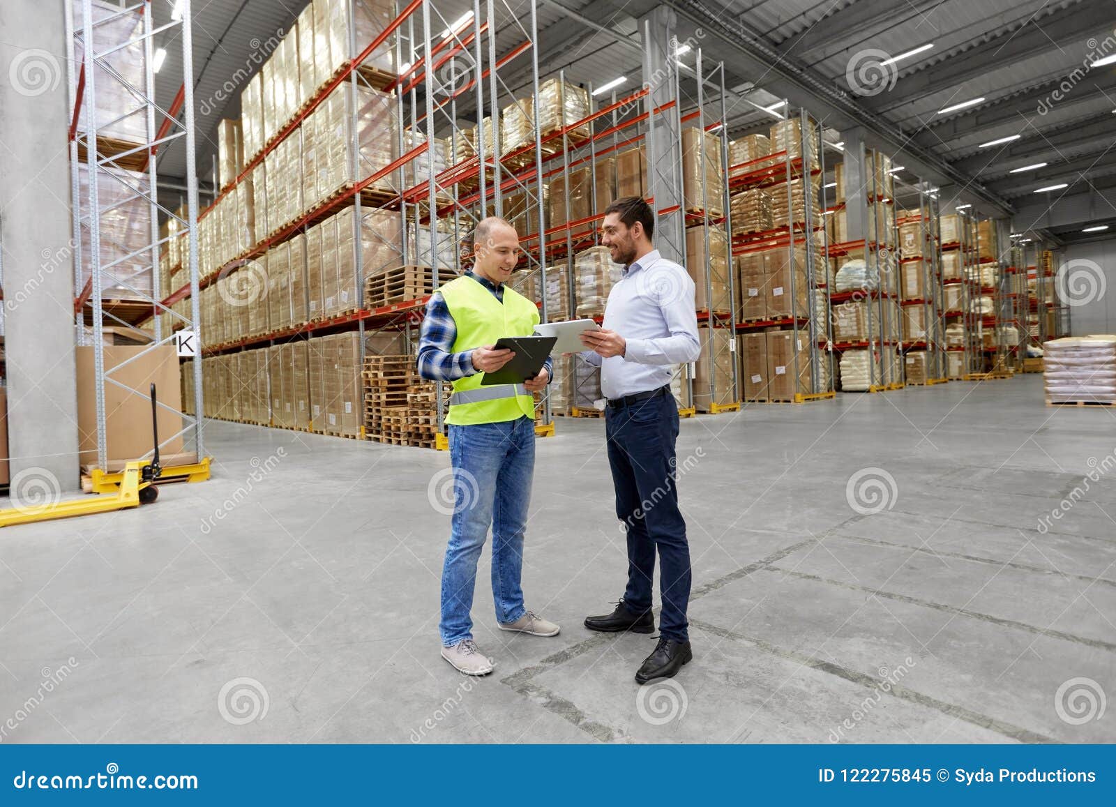 Worker and Businessman with Tablet Pc at Warehouse Stock Image - Image ...