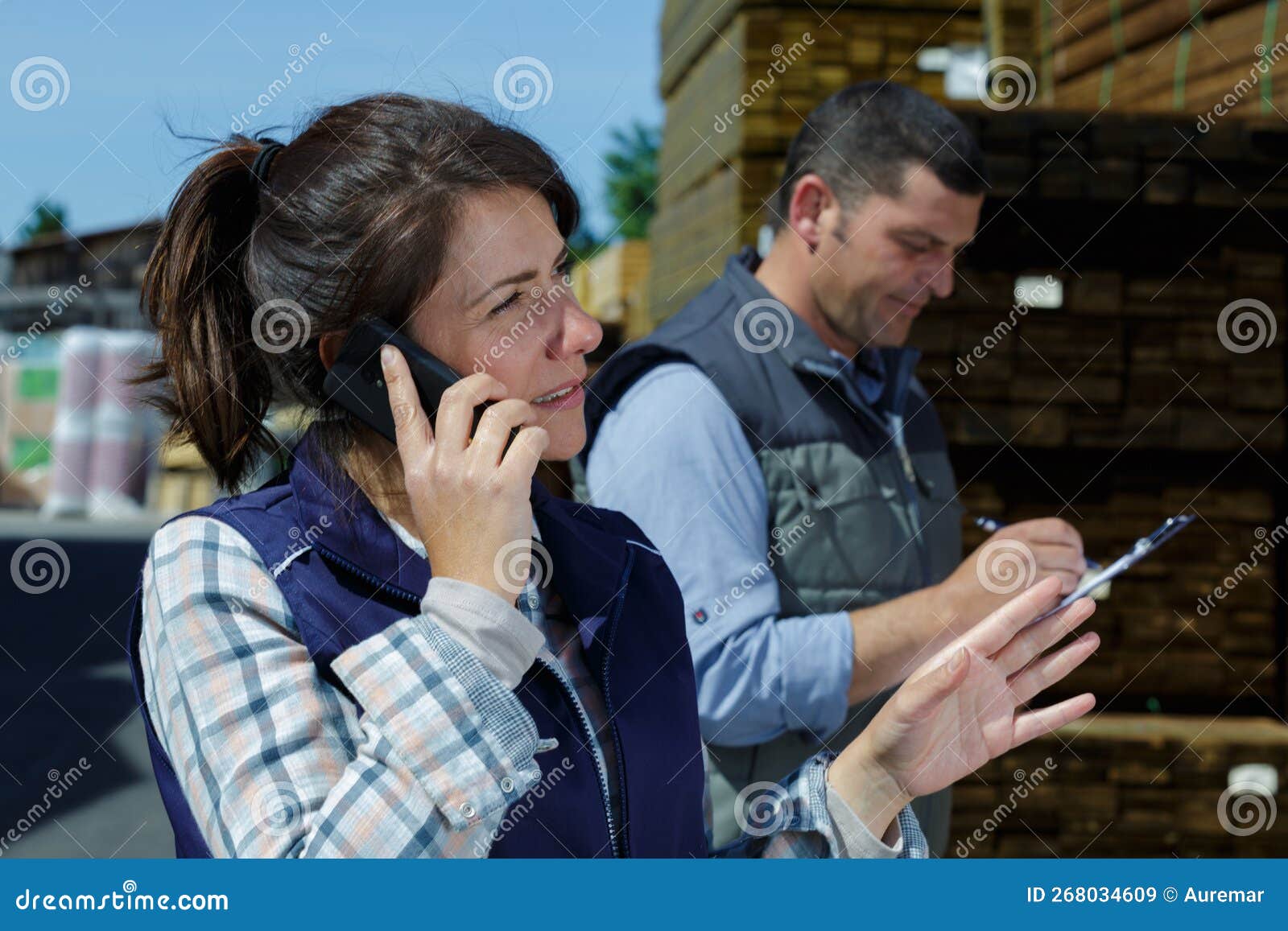 Worker Calling on Phone Industrial Wood Shipment Stock Image - Image of ...