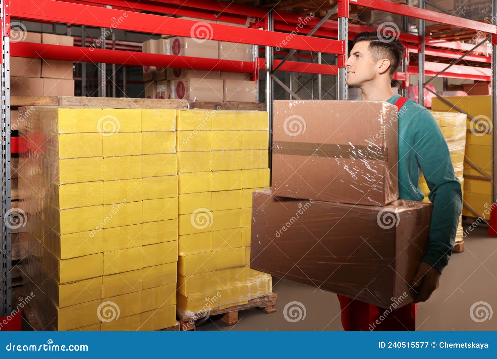 Worker with Cardboard Boxes in Warehouse, Space for Text. Wholesaling ...