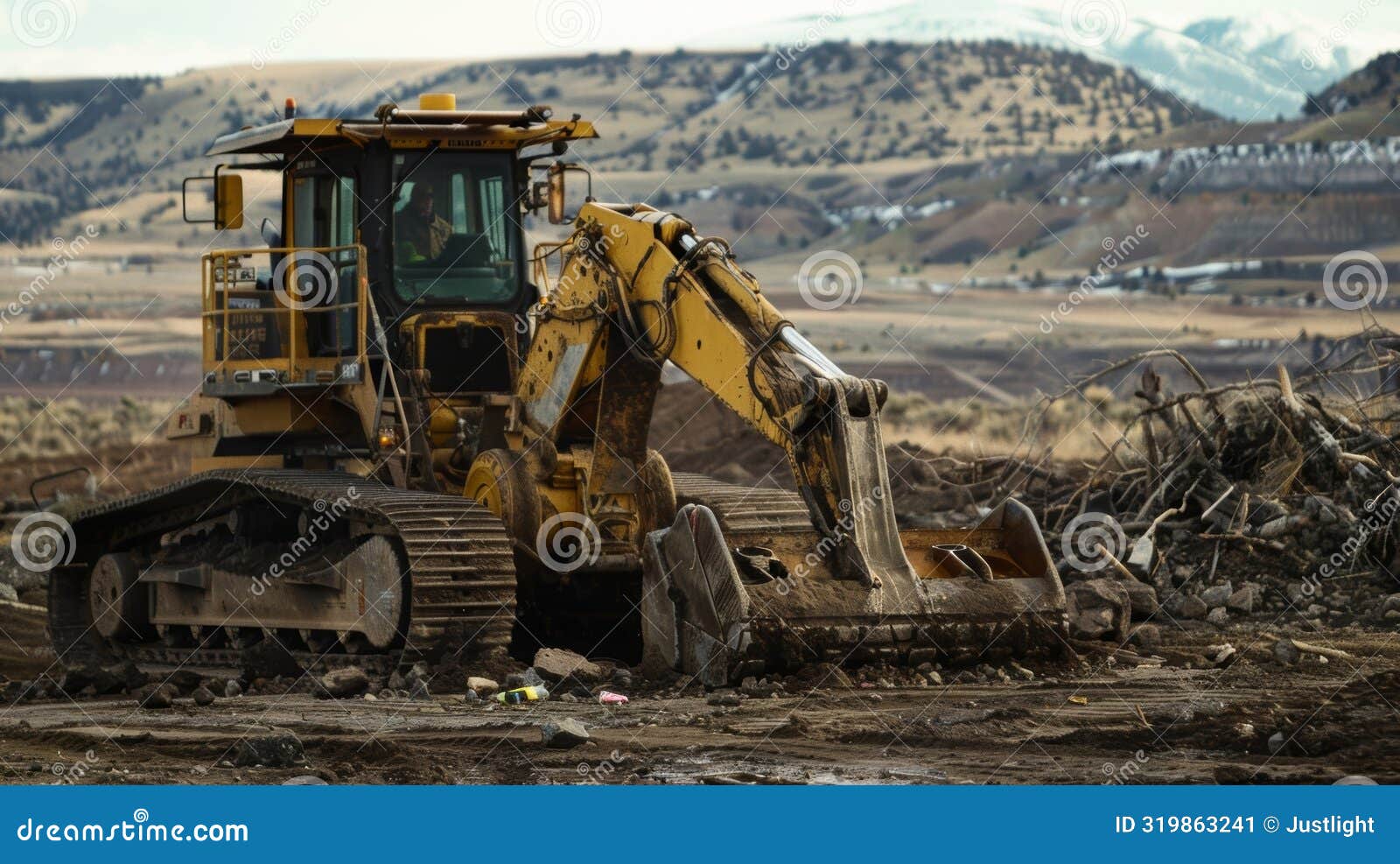 A Worker Carefully Operating a Giant Earthmover To Clear Out Debris and ...