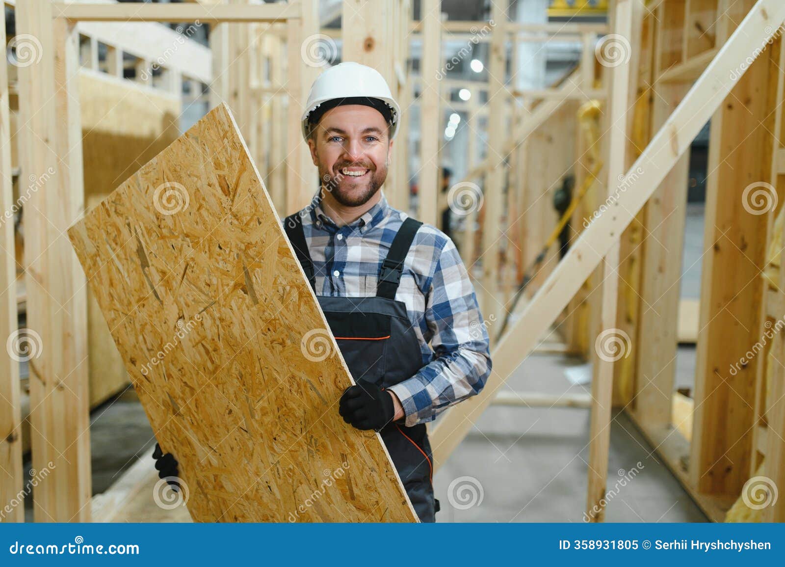 Worker Carpenter Assembling a Modular House Stock Image - Image of ...