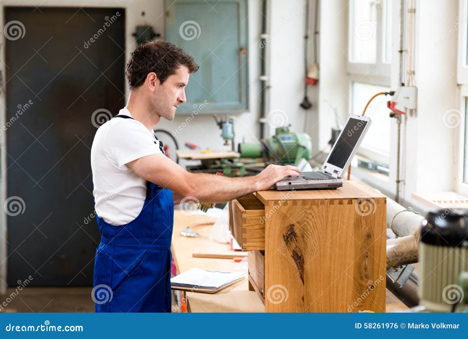 Worker in a Carpenter S Workshop with Computer Stock Photo - Image of ...