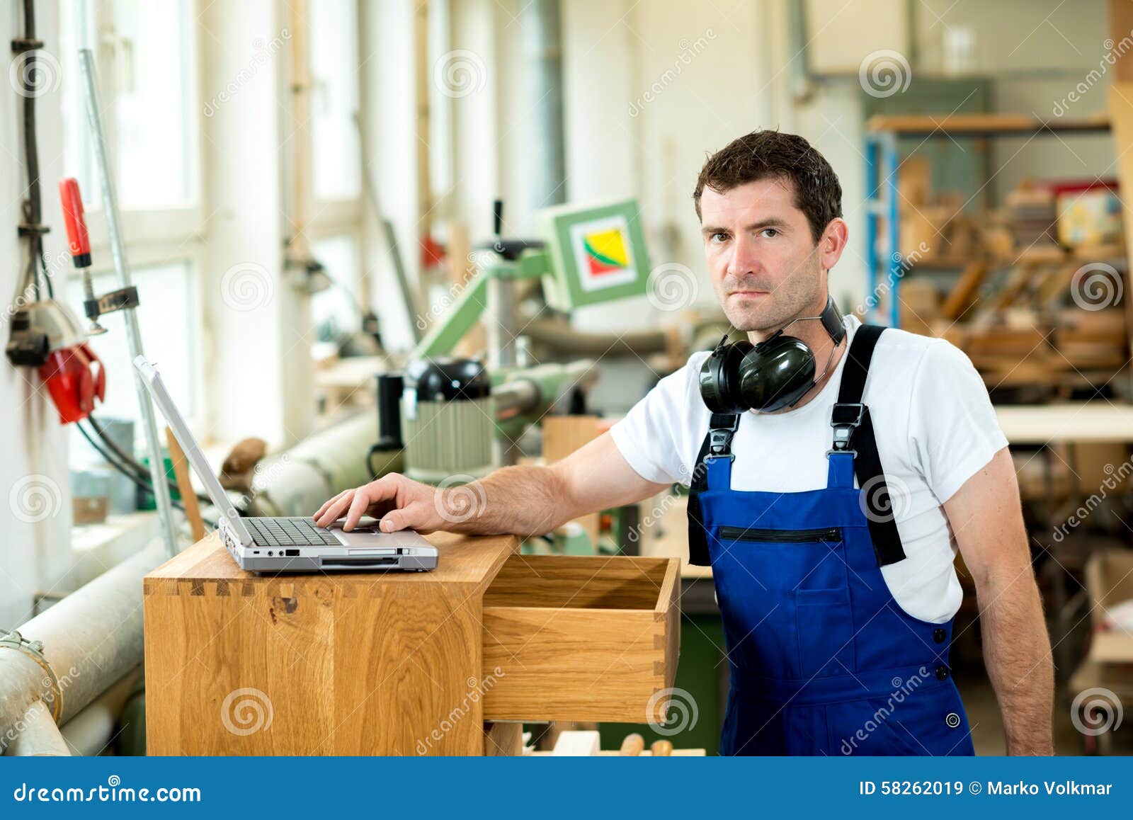 Worker in a Carpenter S Workshop with Computer Stock Image - Image of ...