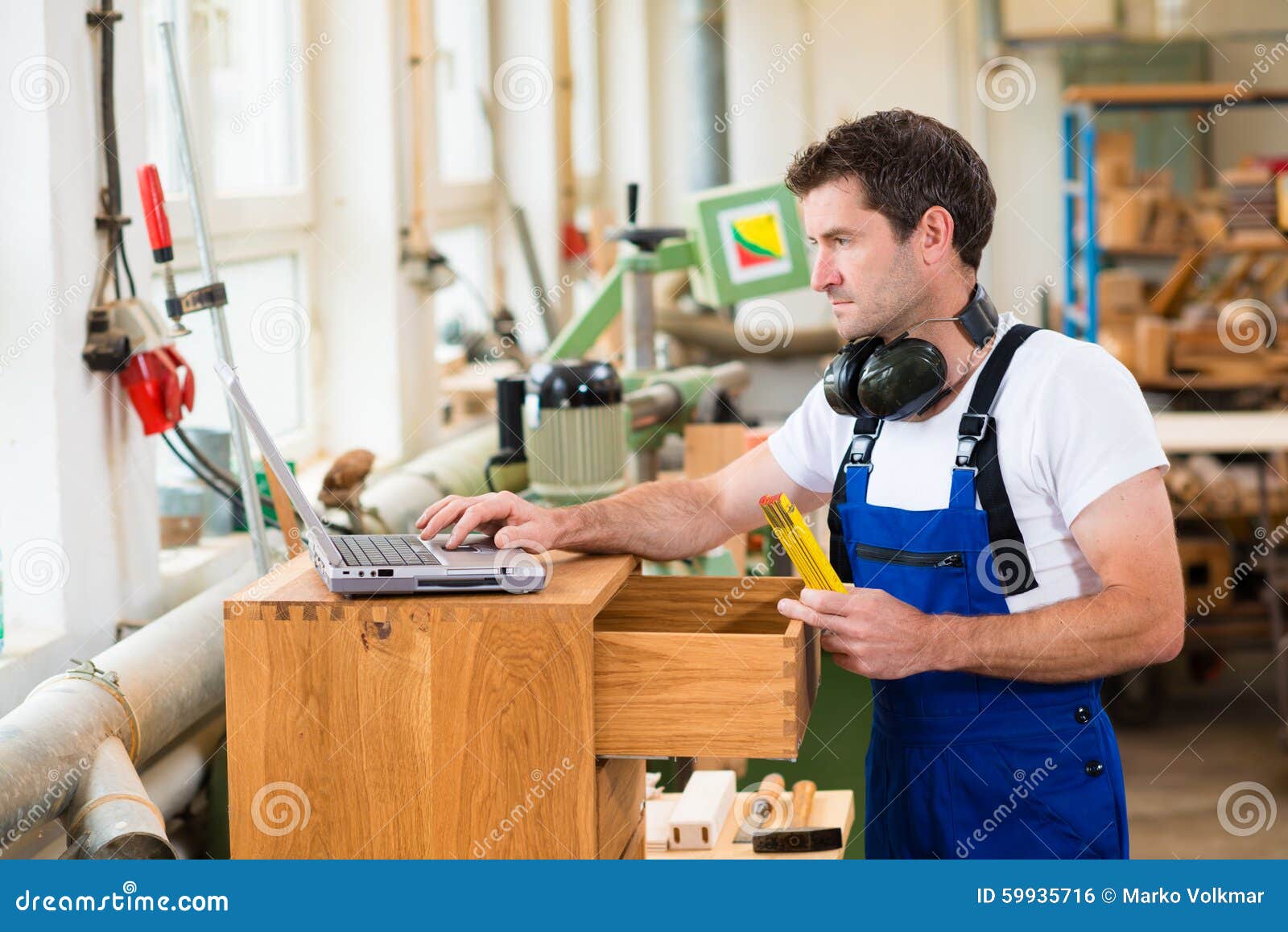 Worker in a Carpenter S Workshop with Computer Stock Photo - Image of ...