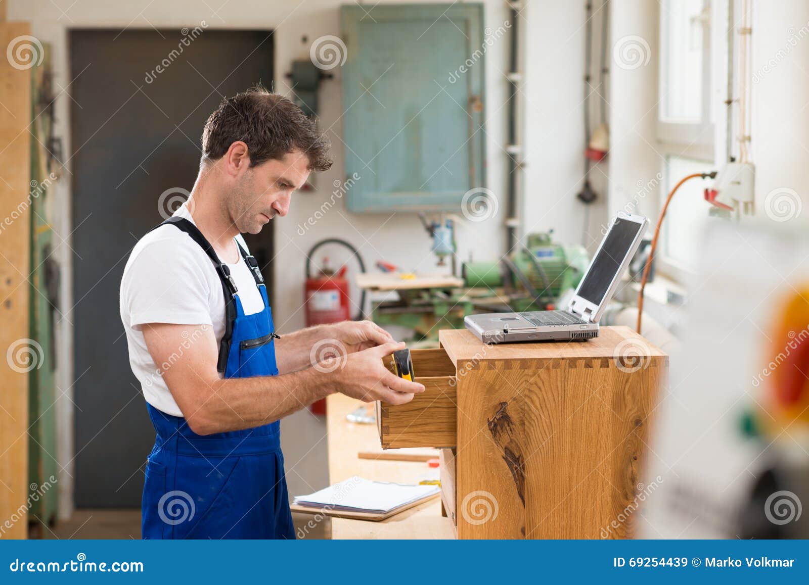 Worker in a Carpenter S Workshop with Computer Stock Image - Image of ...