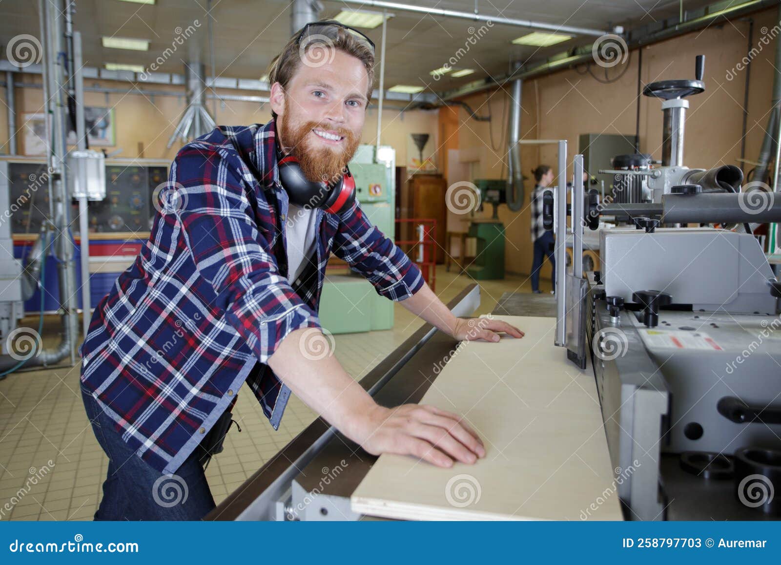 Worker in Carpenters Workshop Using Saw Machine Stock Image - Image of ...