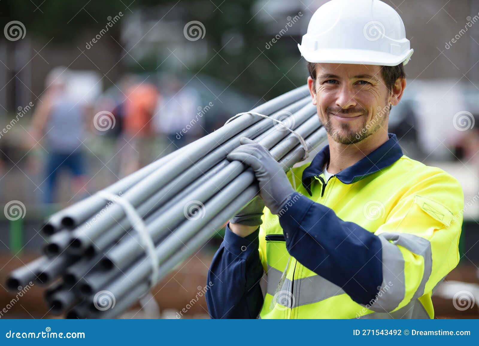 Worker Carries Bundle Pipes on Shoulder Stock Photo - Image of mound ...