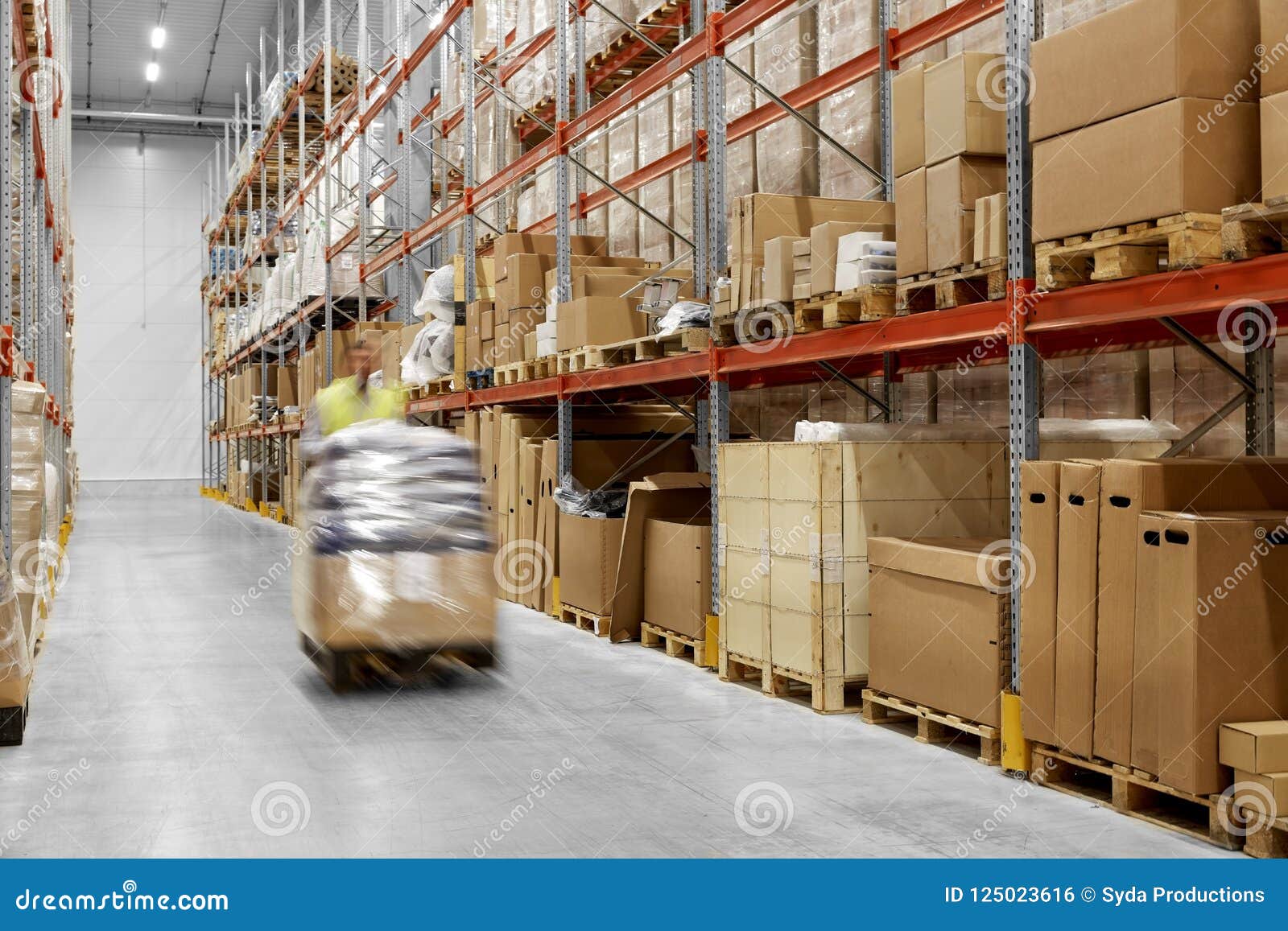 Worker Carrying Loader with Goods at Warehouse Stock Photo - Image of ...