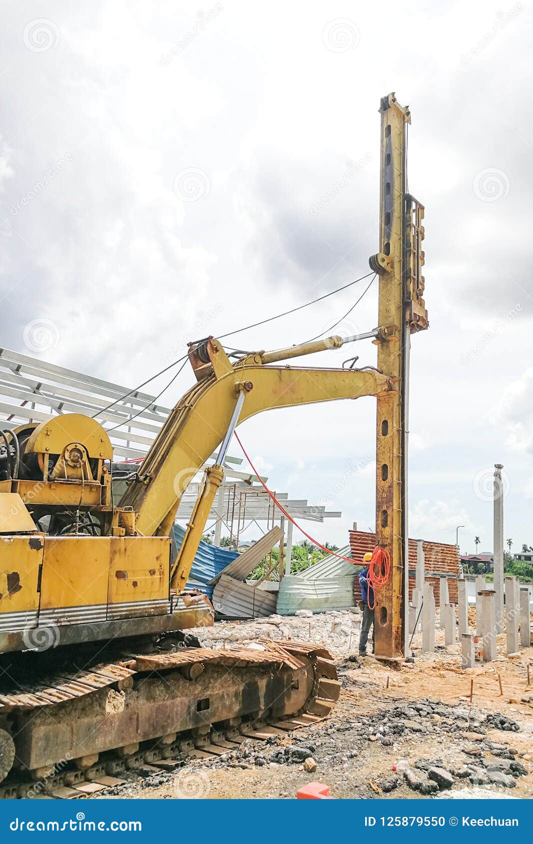 Piling Work Of Home Base With Wood, Concrete And Equipment Construction ...