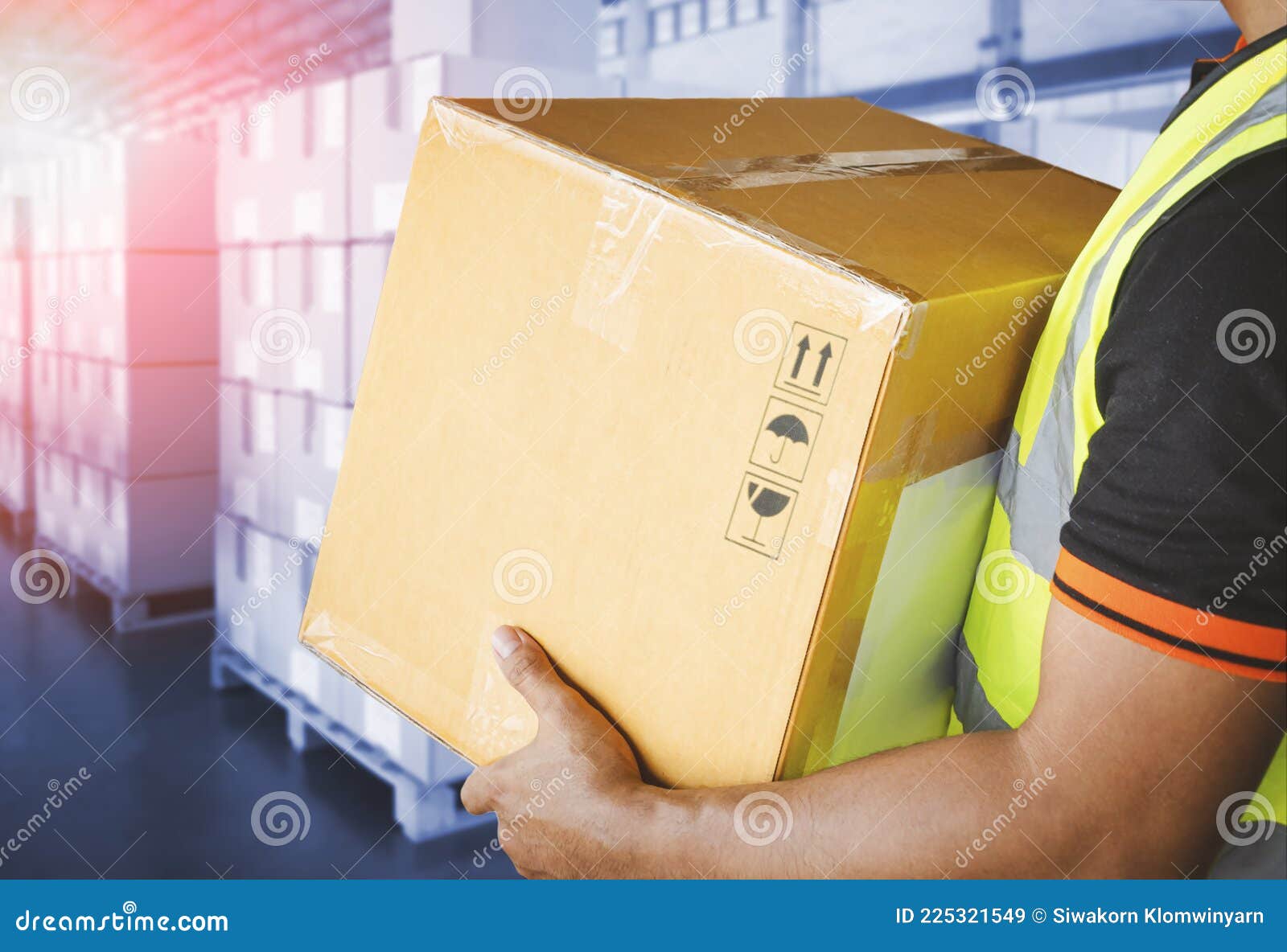 Worker is Carrying Package Box at the Storage Warehouse. Packaging ...