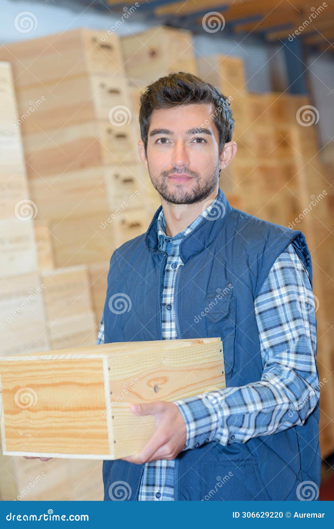 Worker carrying wooden box stock photo. Image of retro - 306629220