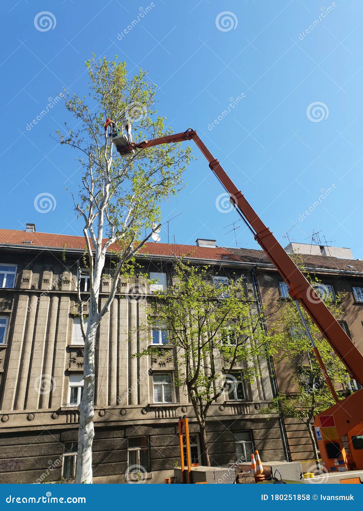 Mobile Platform Completely Extended Upwards With A Ladder Of The ...