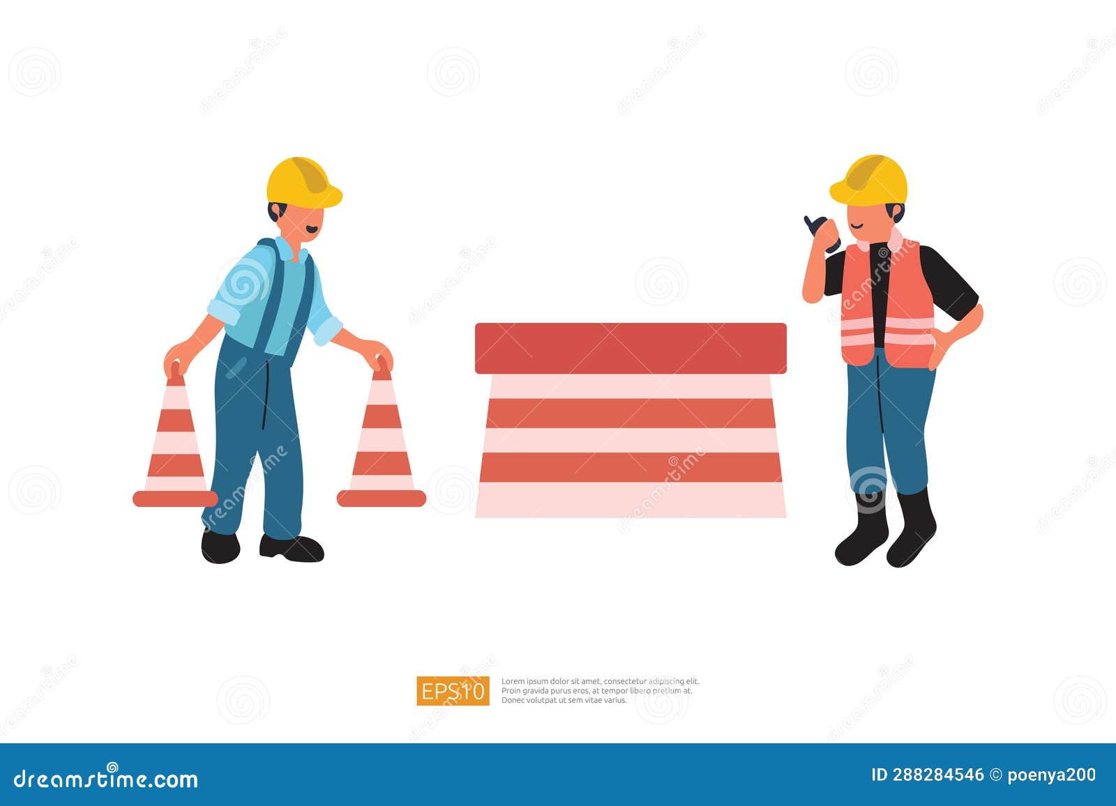 Worker Character Installs Fencing Warning Cones on Road Construction ...