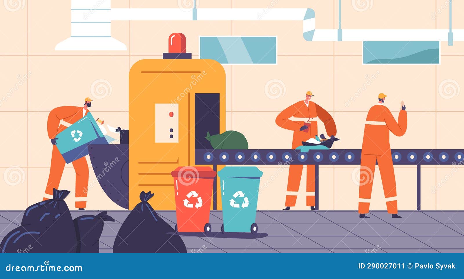 Worker Characters Processing Garbage on a Conveyor Belt, that Involves ...