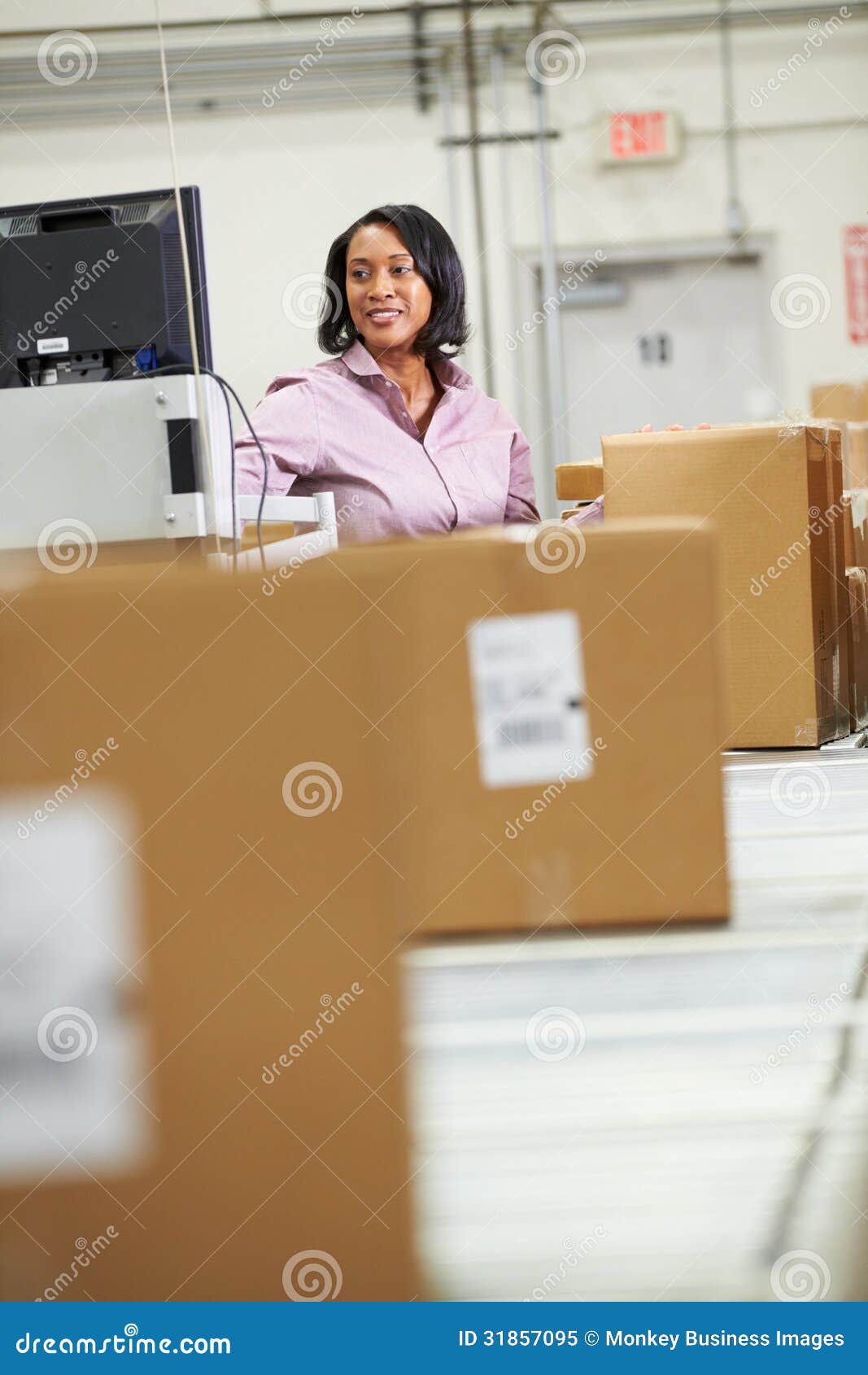 Worker Checking Goods on Belt in Distribution Warehouse Stock Image ...