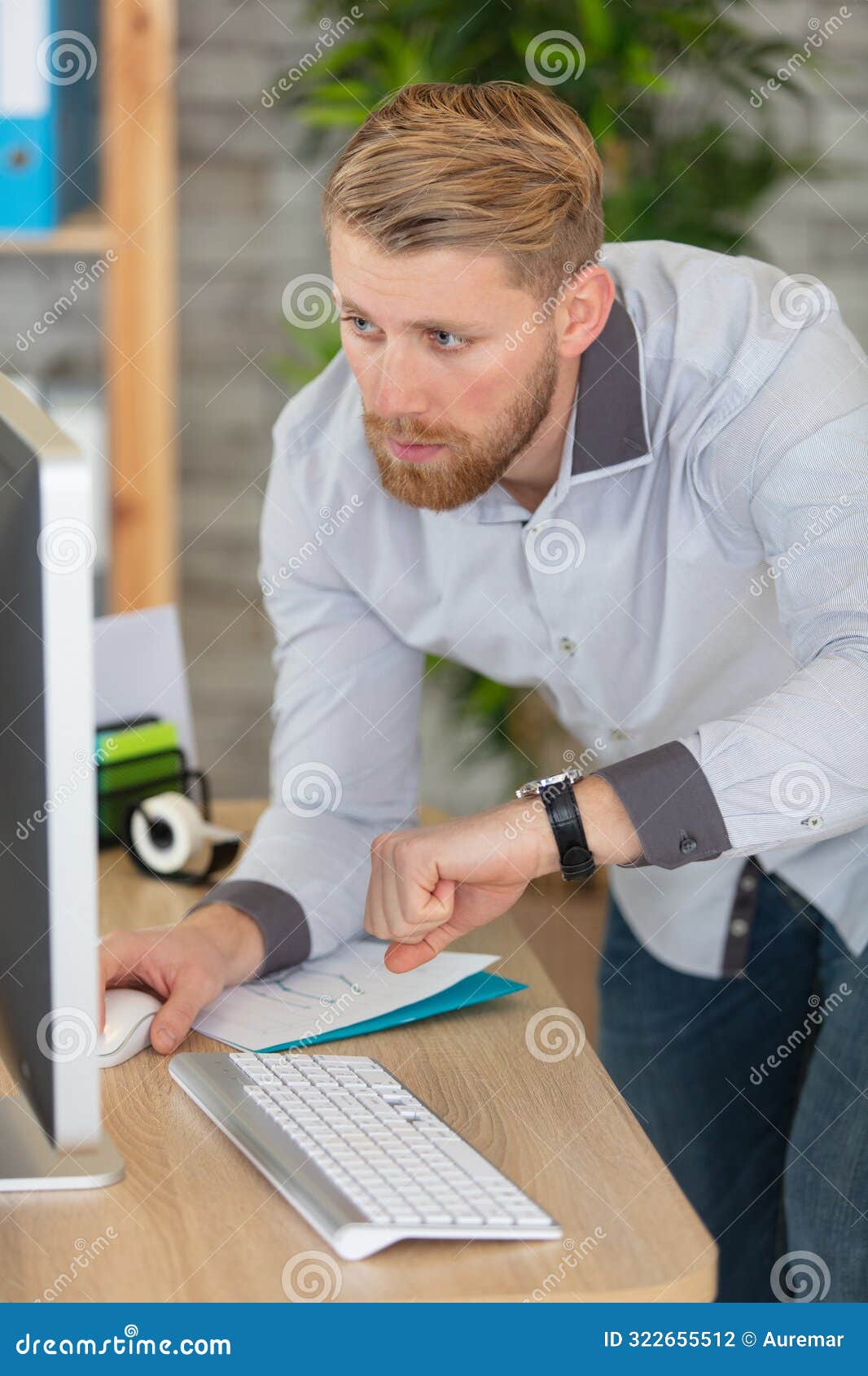 Worker Checking and Looking at Wrist Watch Stock Photo - Image of ...