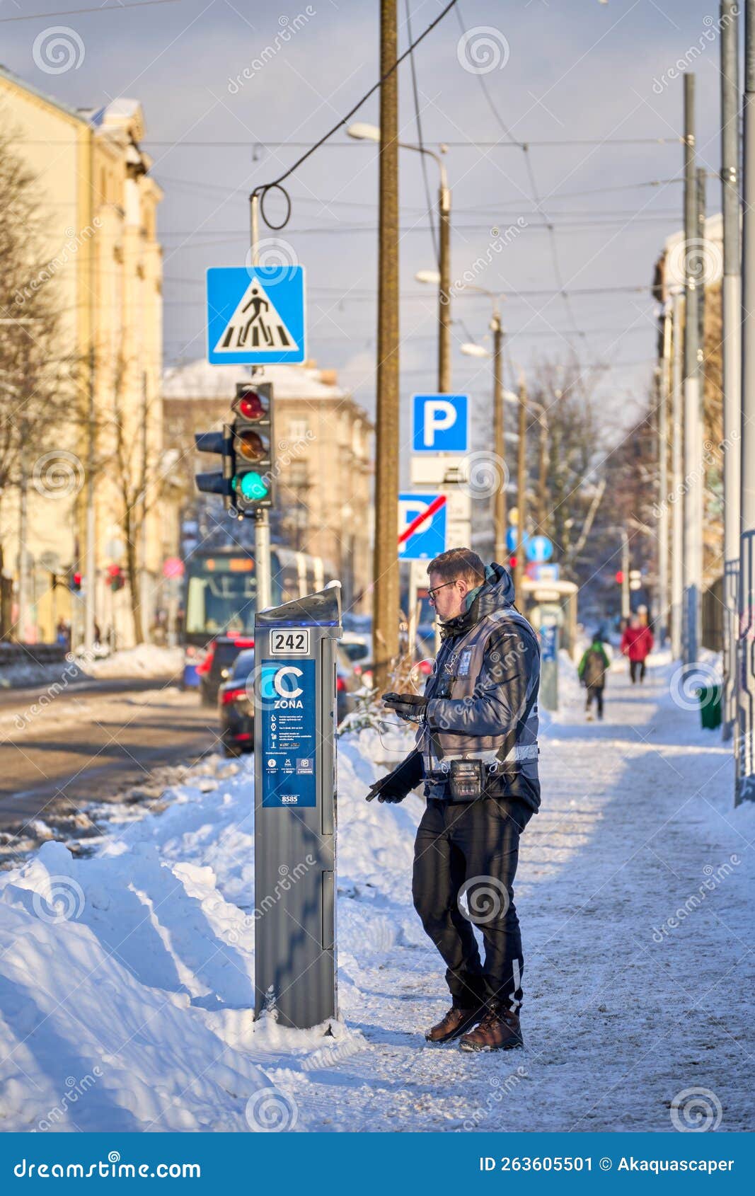 Worker Checking Parking Ticket Machine on the Street in Winter ...