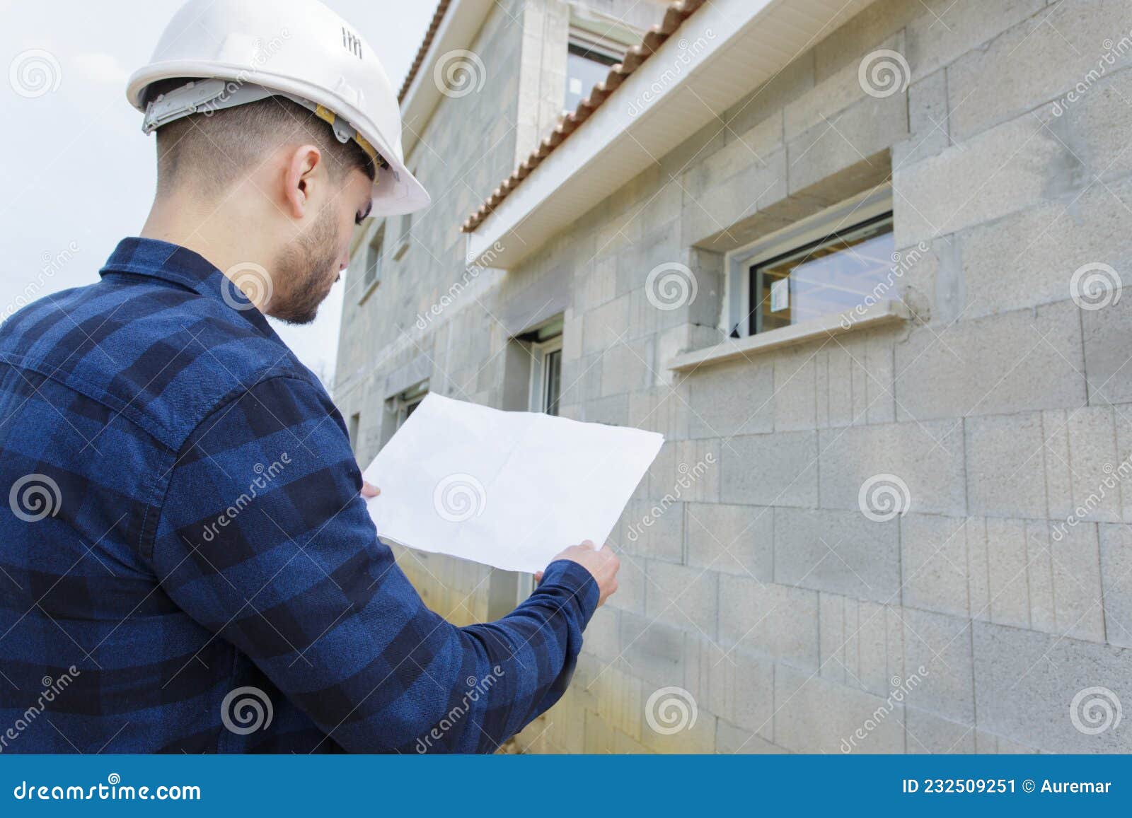 Worker Checking Wall Construction Site Stock Image - Image of build ...