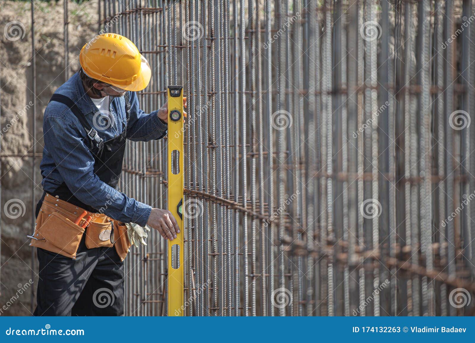 Worker Checks the Construction Parameters of Foundation Stock Image ...