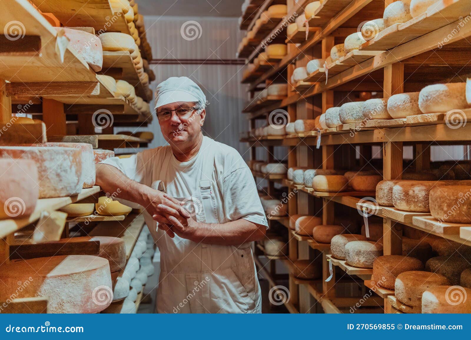 A Worker at a Cheese Factory Sorting Freshly Processed Cheese on Drying ...