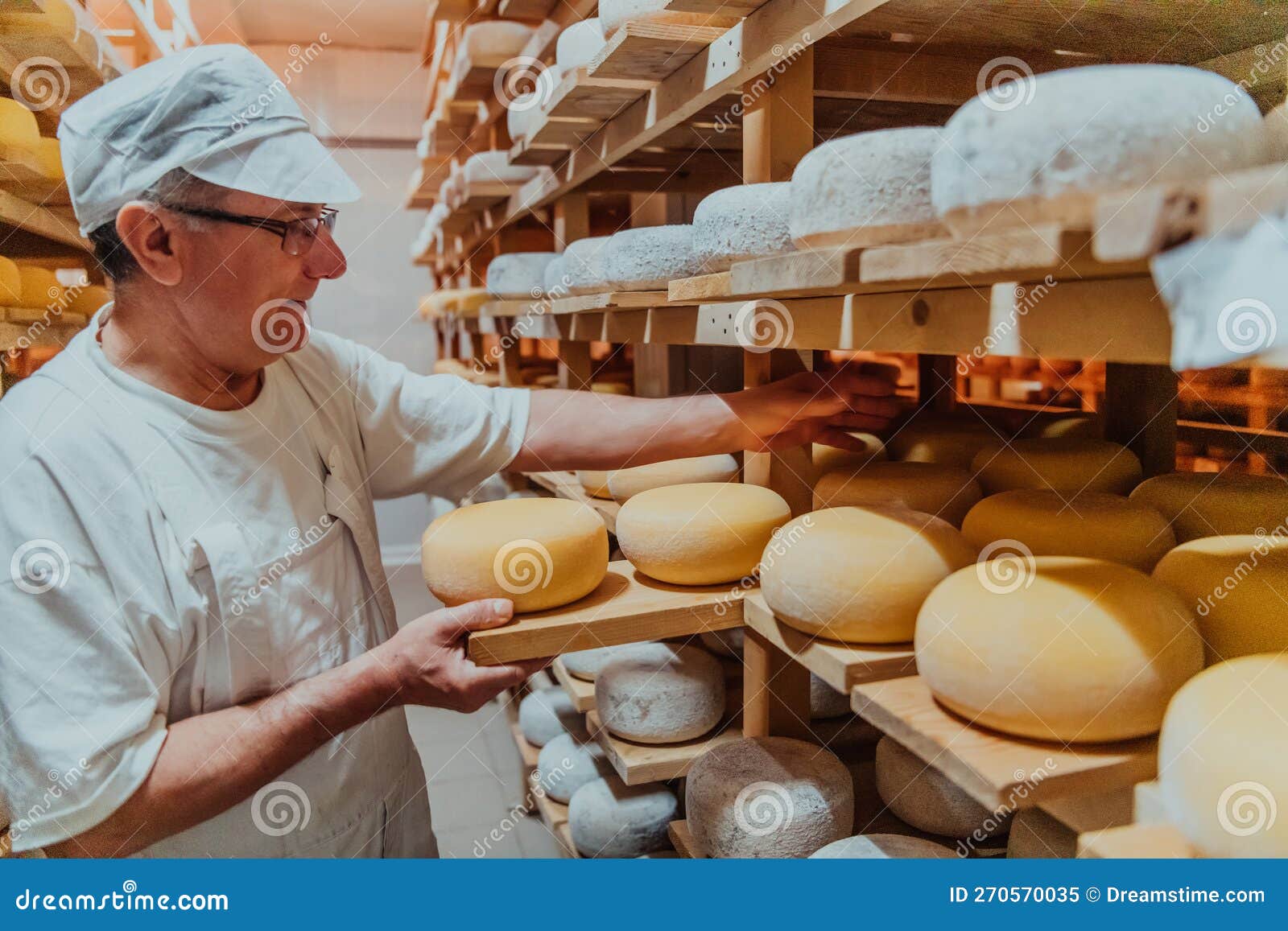 A Worker at a Cheese Factory Sorting Freshly Processed Cheese on Drying ...