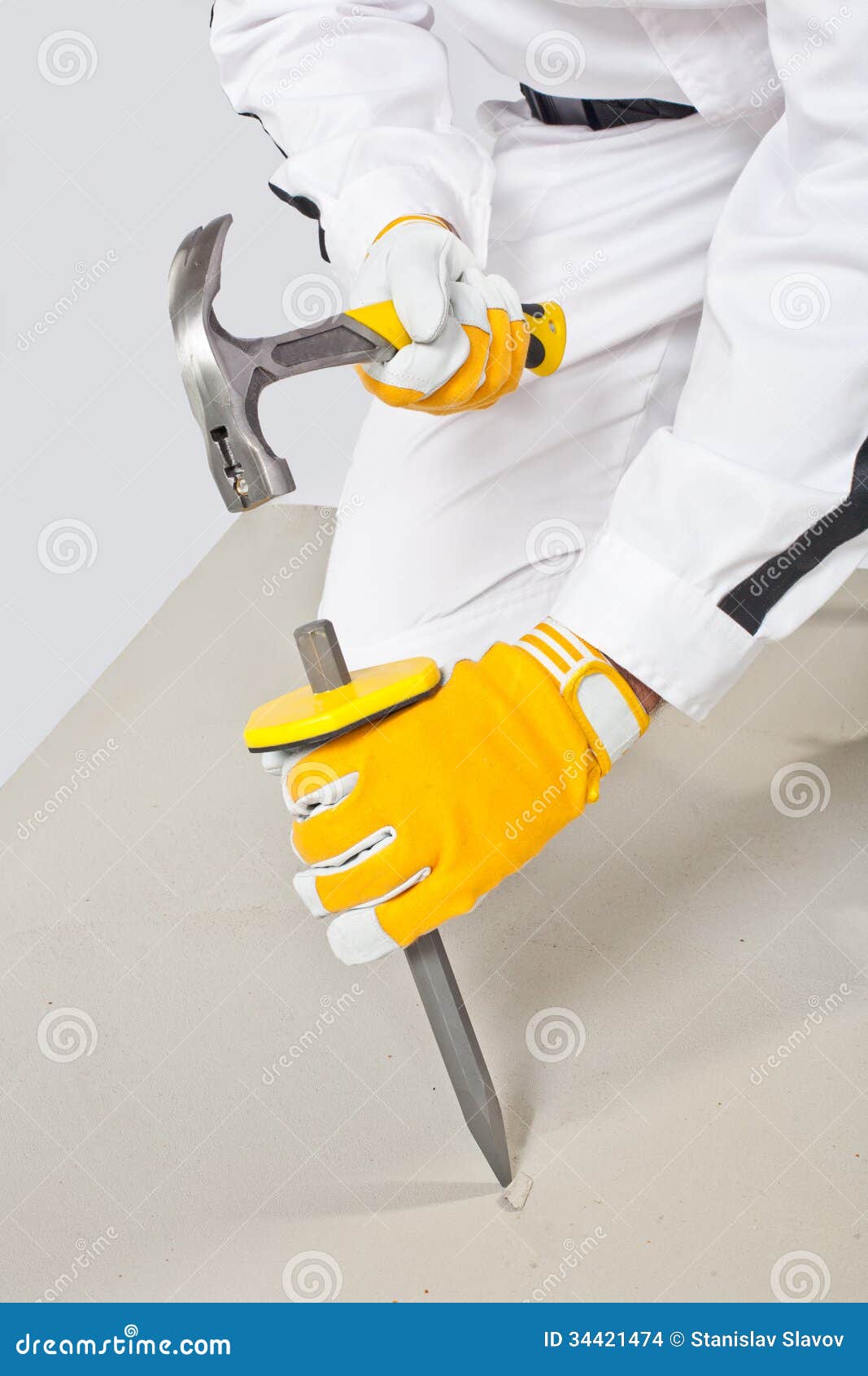 Worker With Chisel And Hammer Check Concrete Base Stock Photography ...