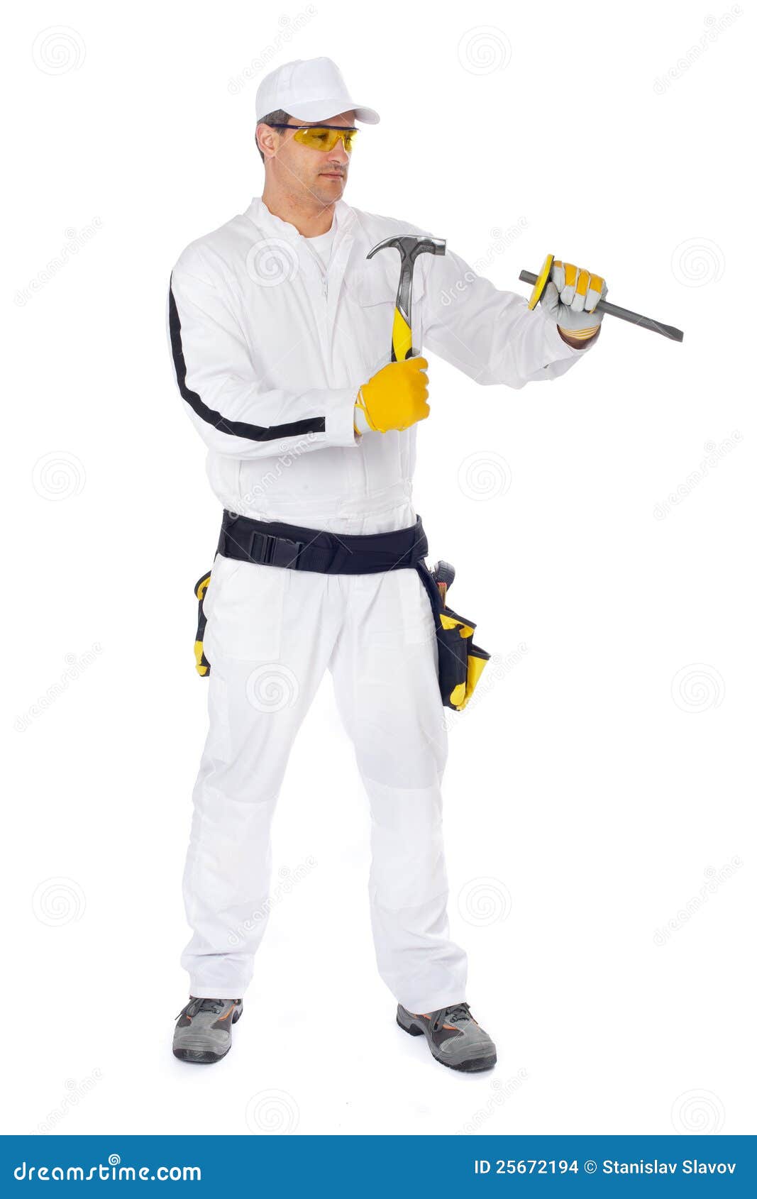 Worker With Chisel And Hammer Check Concrete Base Stock Photography ...