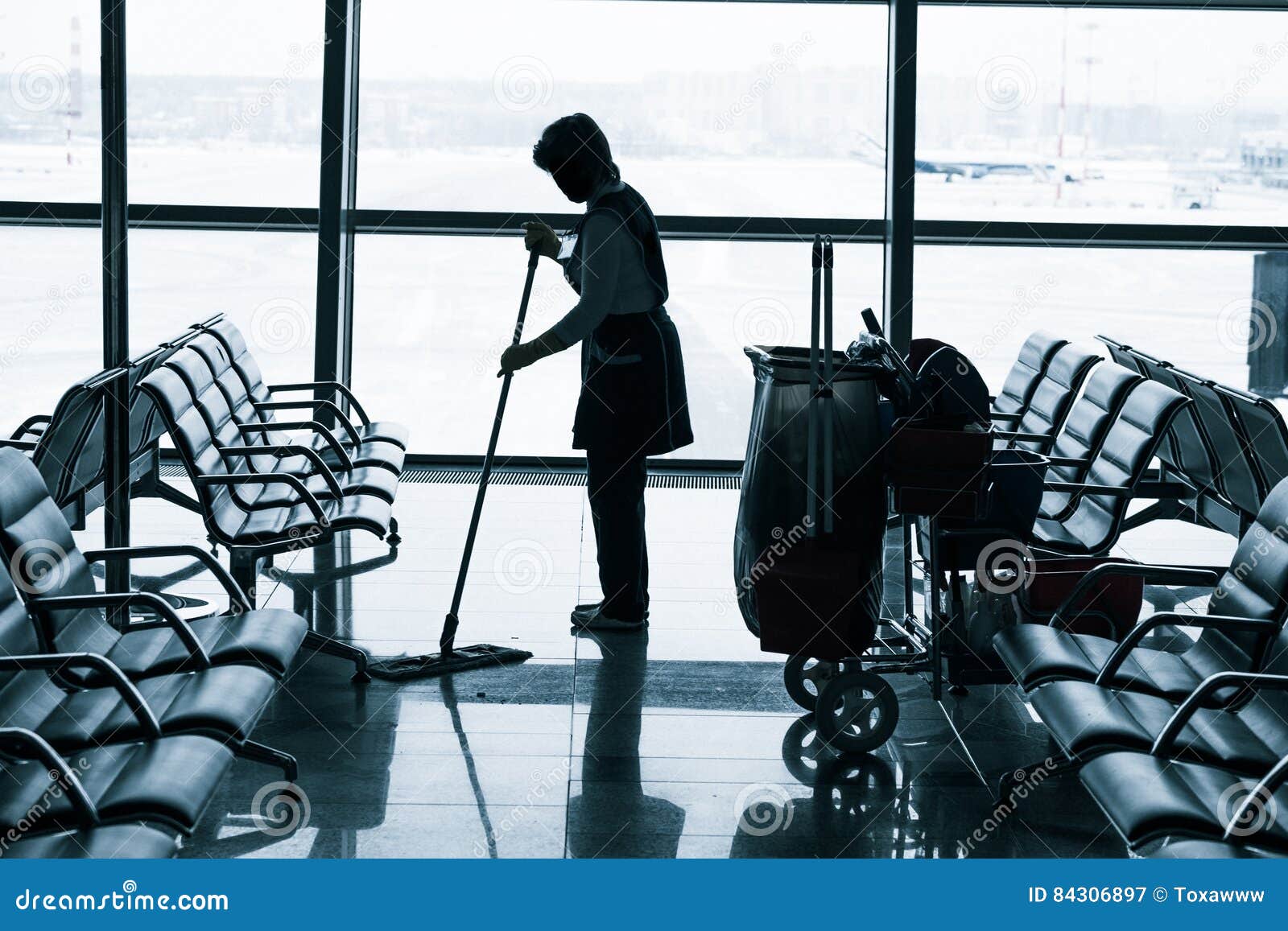 Worker Cleaning the Floor at the Airport Stock Image - Image of female ...