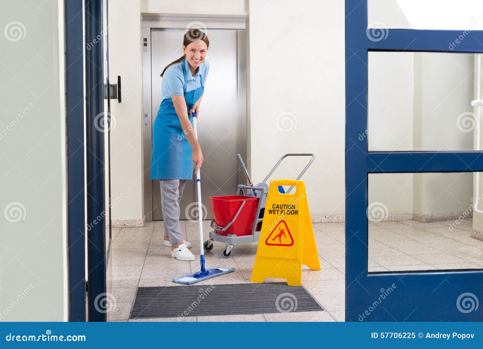 Worker Cleaning Floor with Mop Stock Image - Image of sign, happy: 57706225
