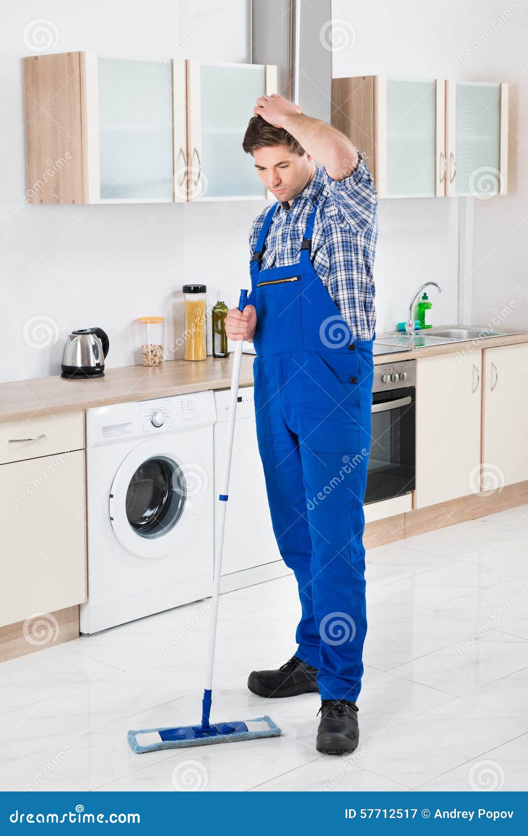 Worker Cleaning Floor with Mop Stock Image - Image of broom, countertop ...