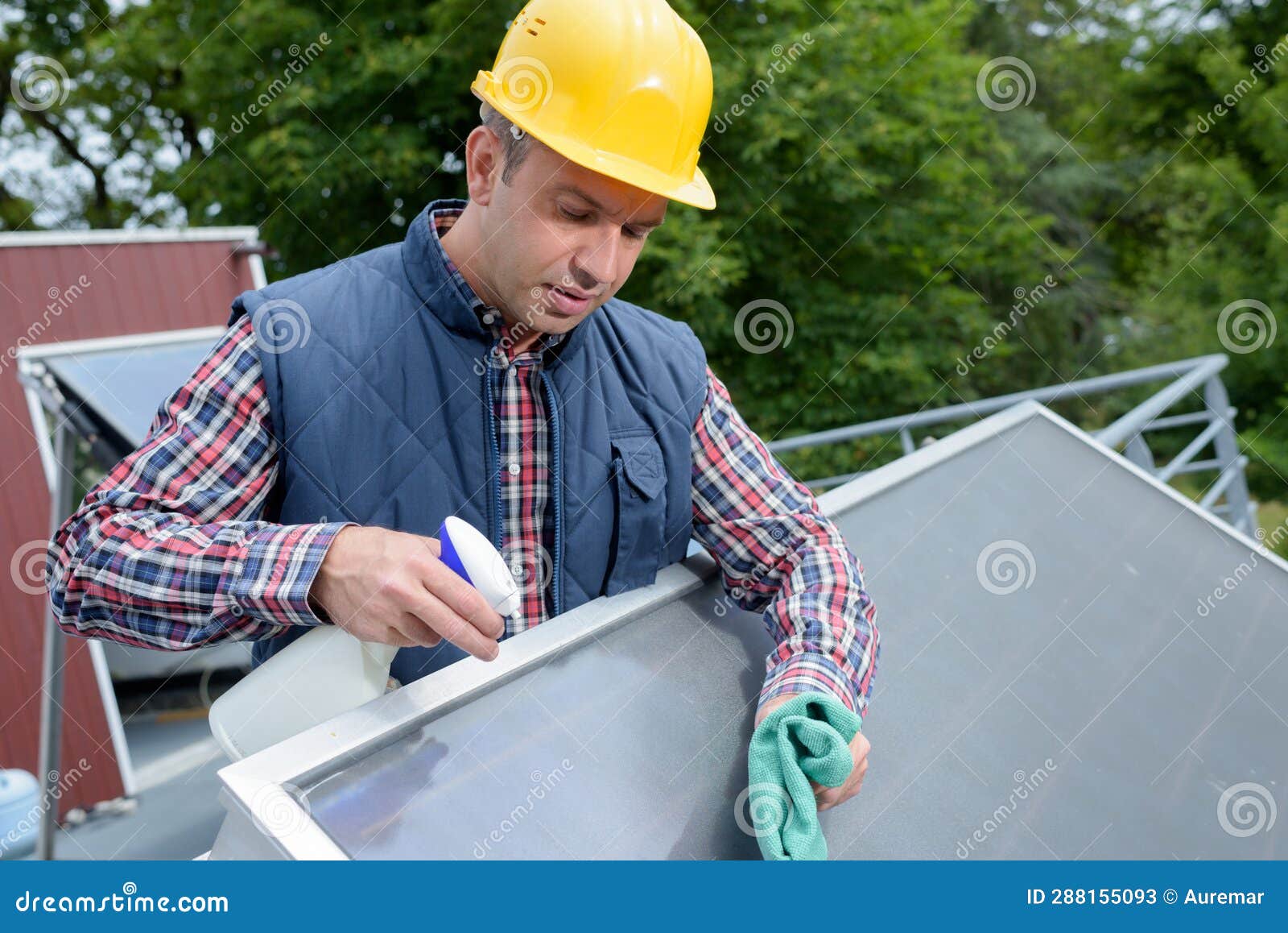 Worker Cleaning Solar Panel with Spray Product Stock Image - Image of ...