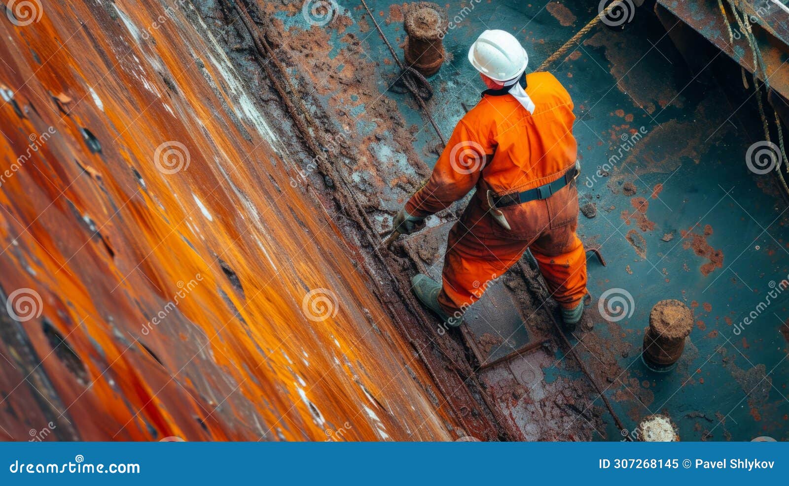 Worker Cleans the Hull of an Old Ship from Rust. Vessel Renovation ...
