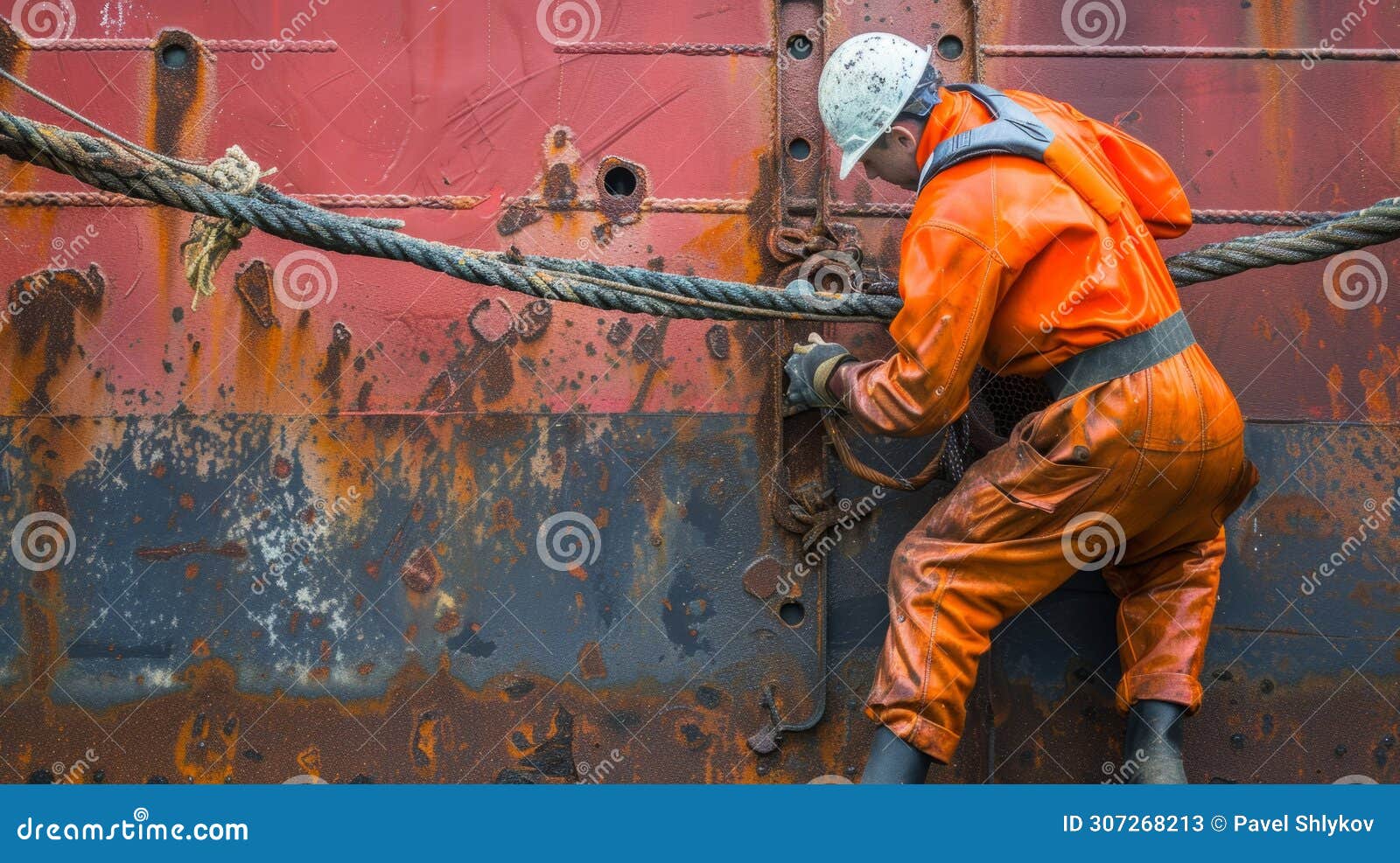 Worker Cleans the Hull of an Old Ship from Rust. Vessel Renovation ...