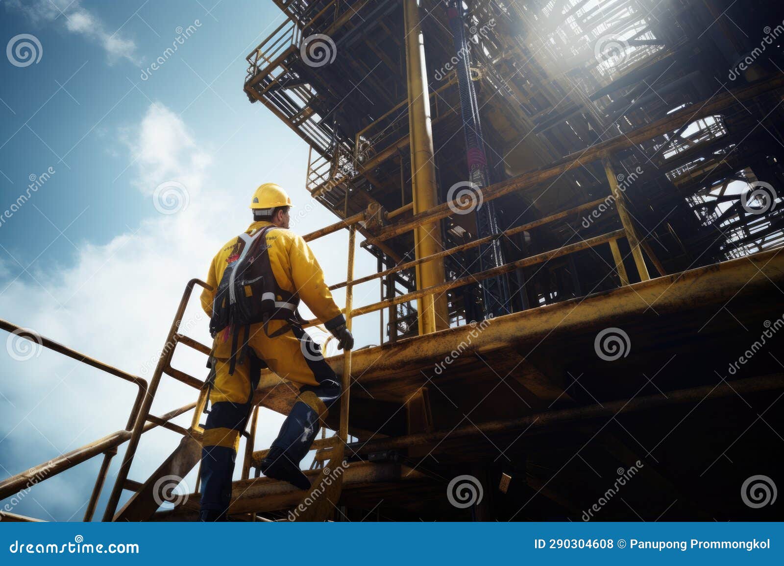 Worker Climbing Ladder on Board of Offshore Oil Rig Stock Photo - Image ...