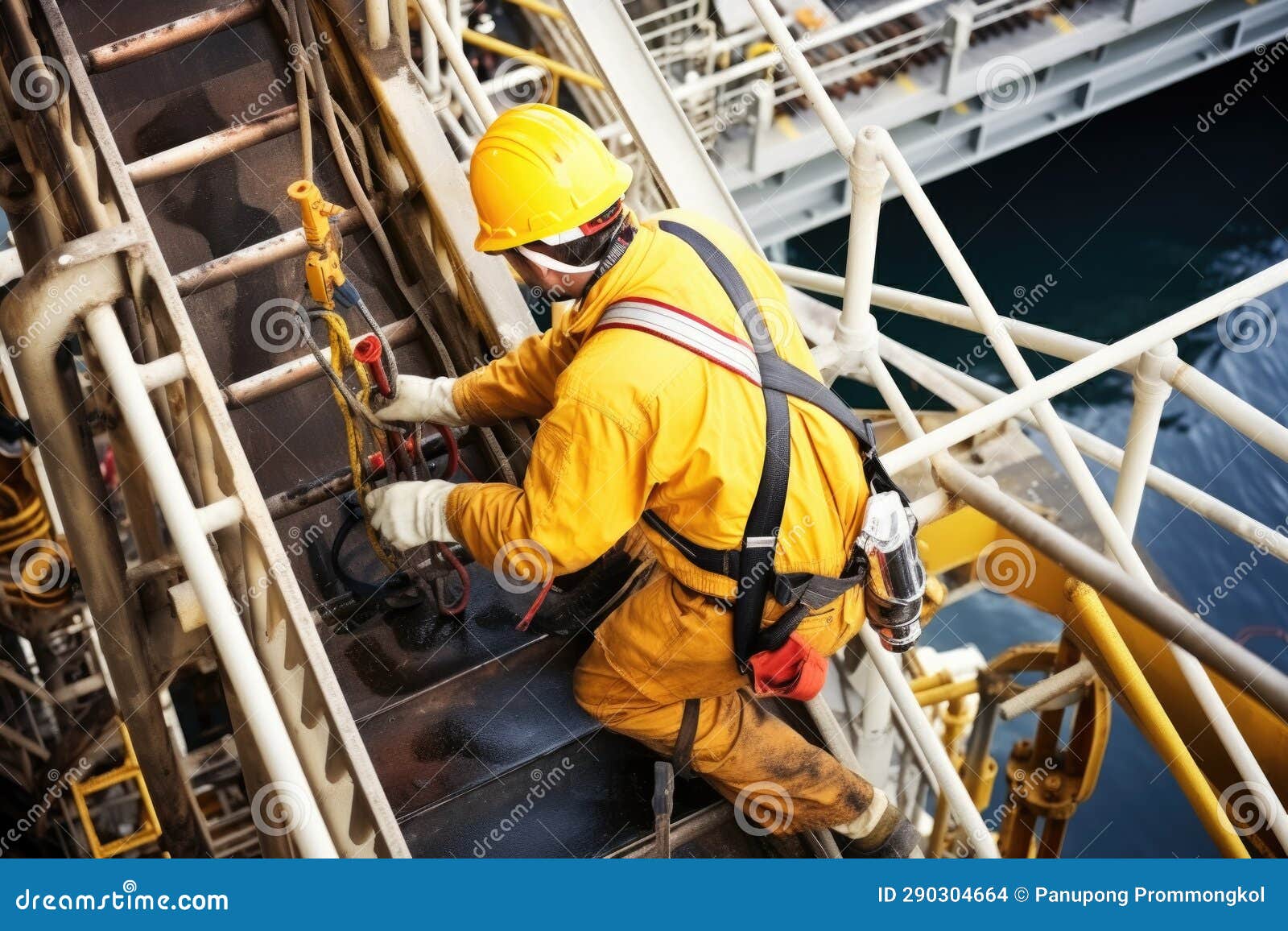 Worker Climbing Ladder on Board of Offshore Oil Rig Stock Photo - Image ...