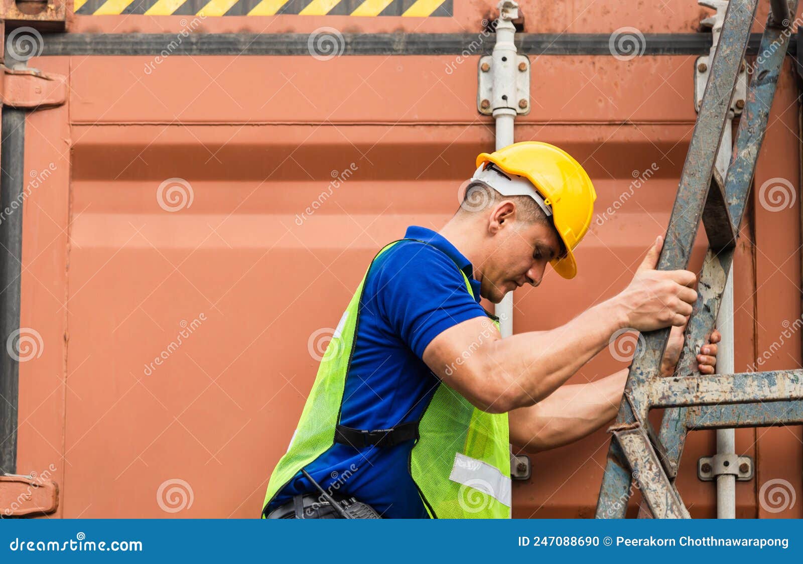 Worker Climbing the Ladder, Technician Going Up Stairs Working on ...