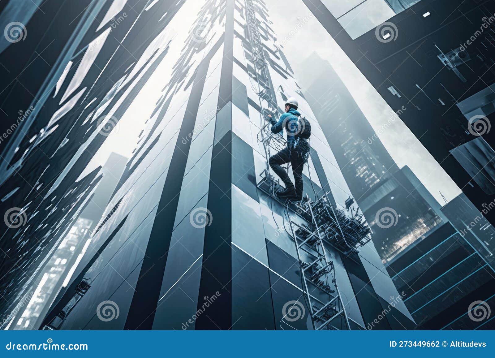 A Worker Climbing a Tall Ladder To Install the 5g Network in a ...