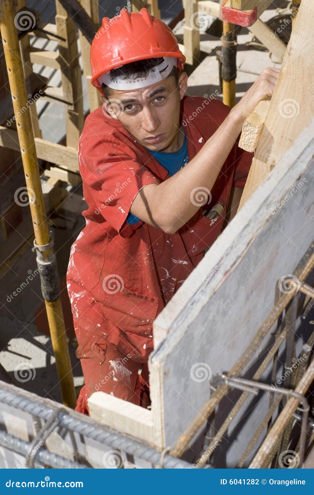Worker Climbs Ladder - Vertical Stock Photo - Image of crew, orange ...