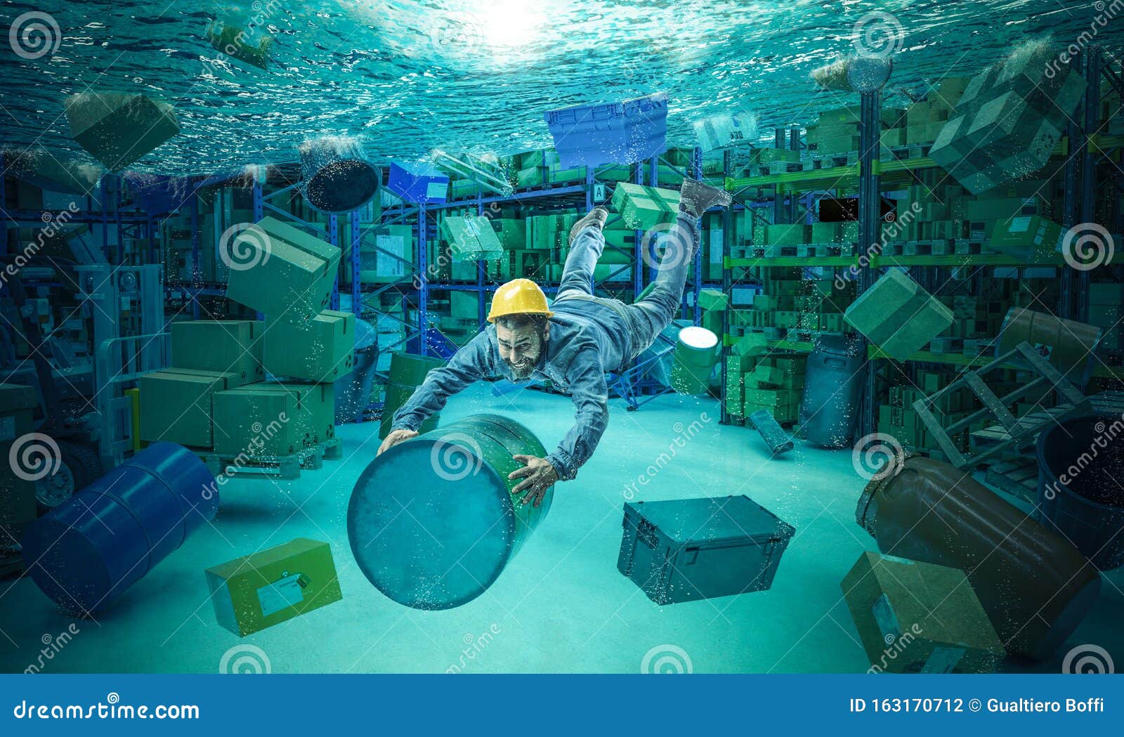 Worker Clings To a Bin in a Totally Flooded Warehouse Stock Photo ...